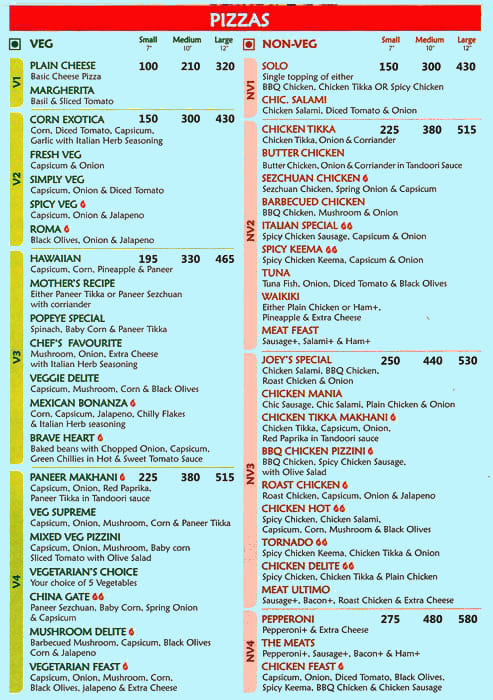 Menu of Joey's Pizza, Andheri West, Western Suburbs