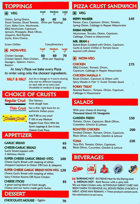 Menu of Joey's Pizza, Andheri West, Western Suburbs