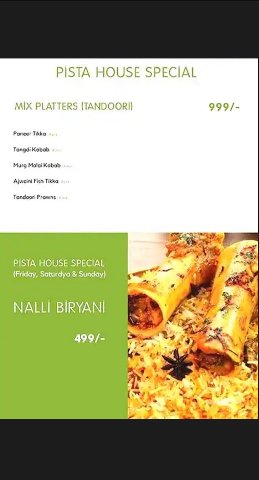 Menu of Pista House, Gachibowli, Hyderabad