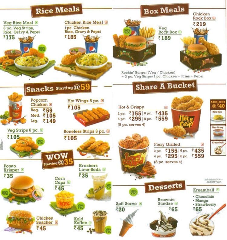 Menu of KFC, Patna