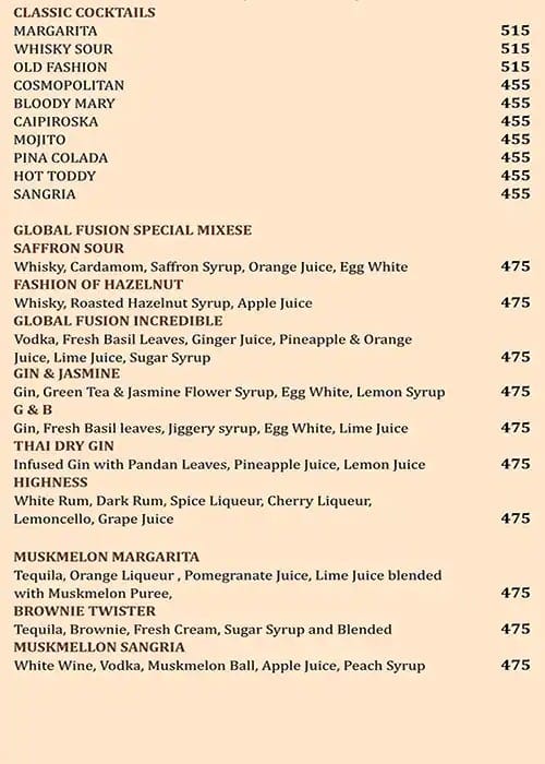 Menu of Global Fusion, Chembur, Central Mumbai