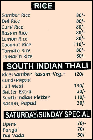 Menu of Andhra Bhavan, Connaught Place (CP), Central Delhi
