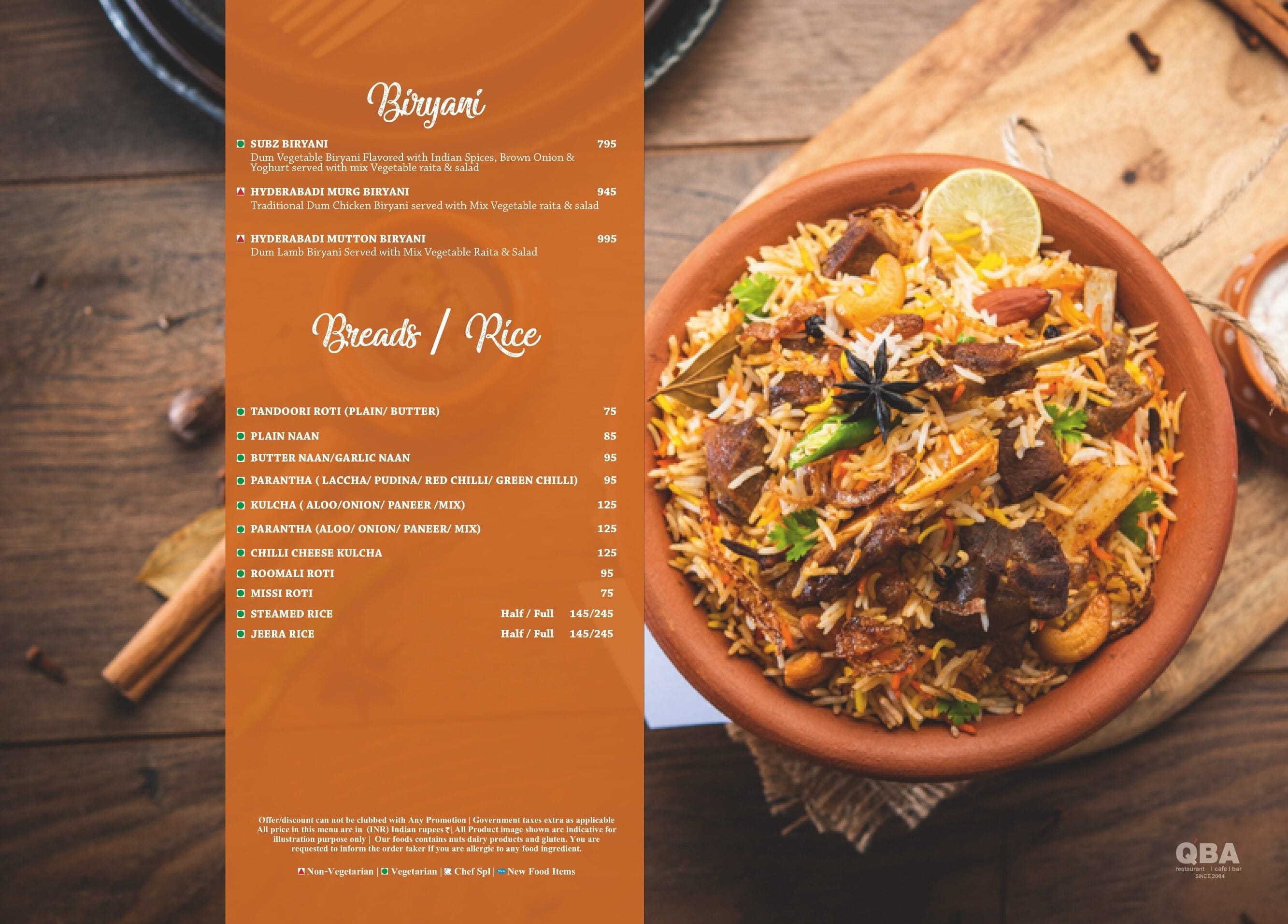 Menu of QBA, Connaught Place (CP), Central Delhi