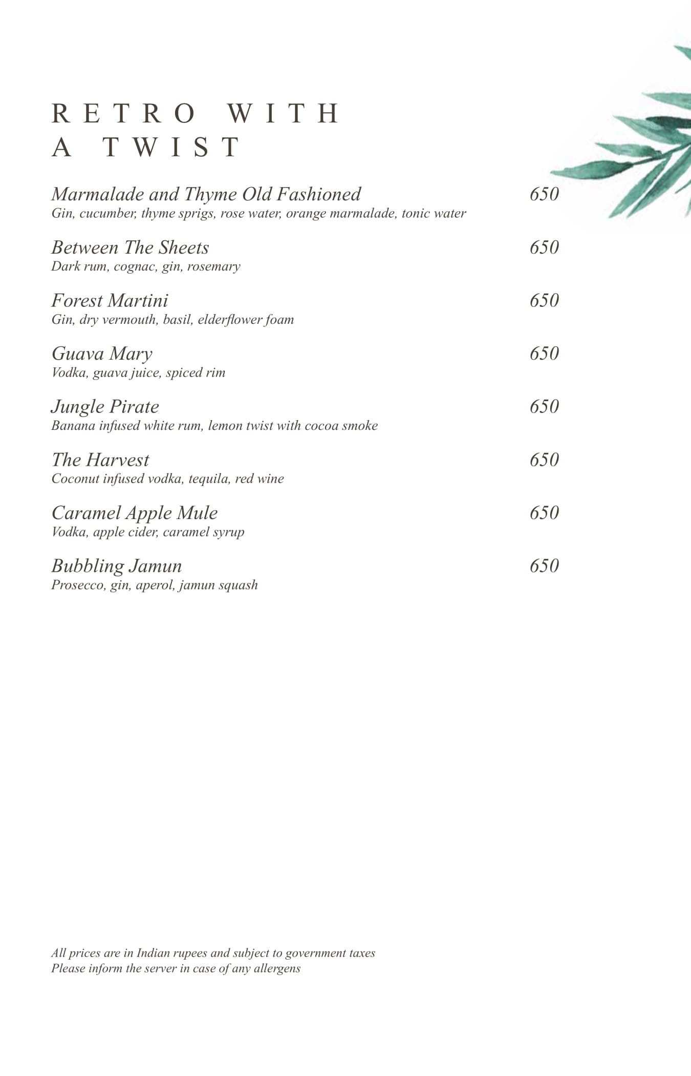 Menu of Machan, The Taj Mahal Hotel, New Delhi