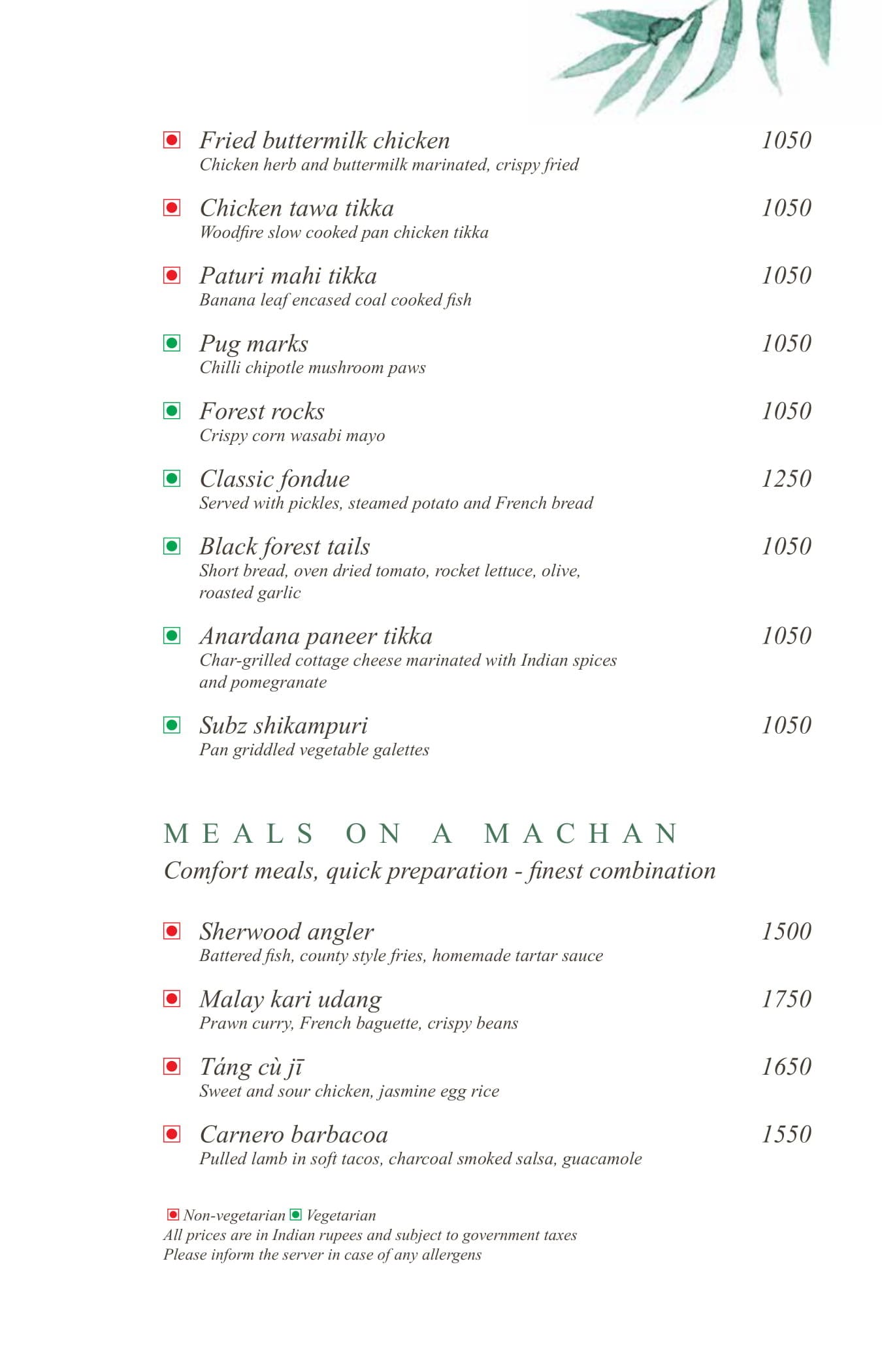 Menu of Machan, The Taj Mahal Hotel, New Delhi