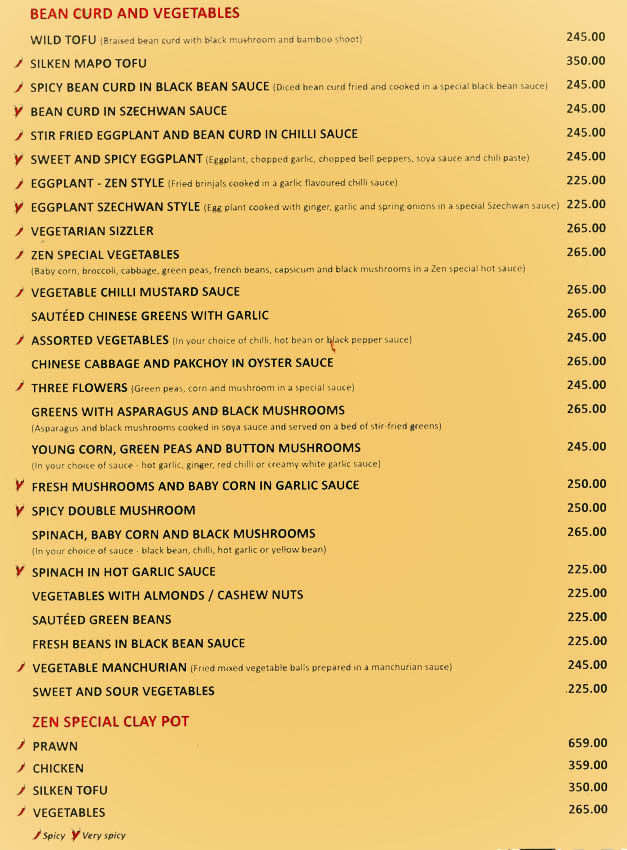 Menu of Zen Restaurant (Since 1992), Connaught Place (CP), Central Delhi