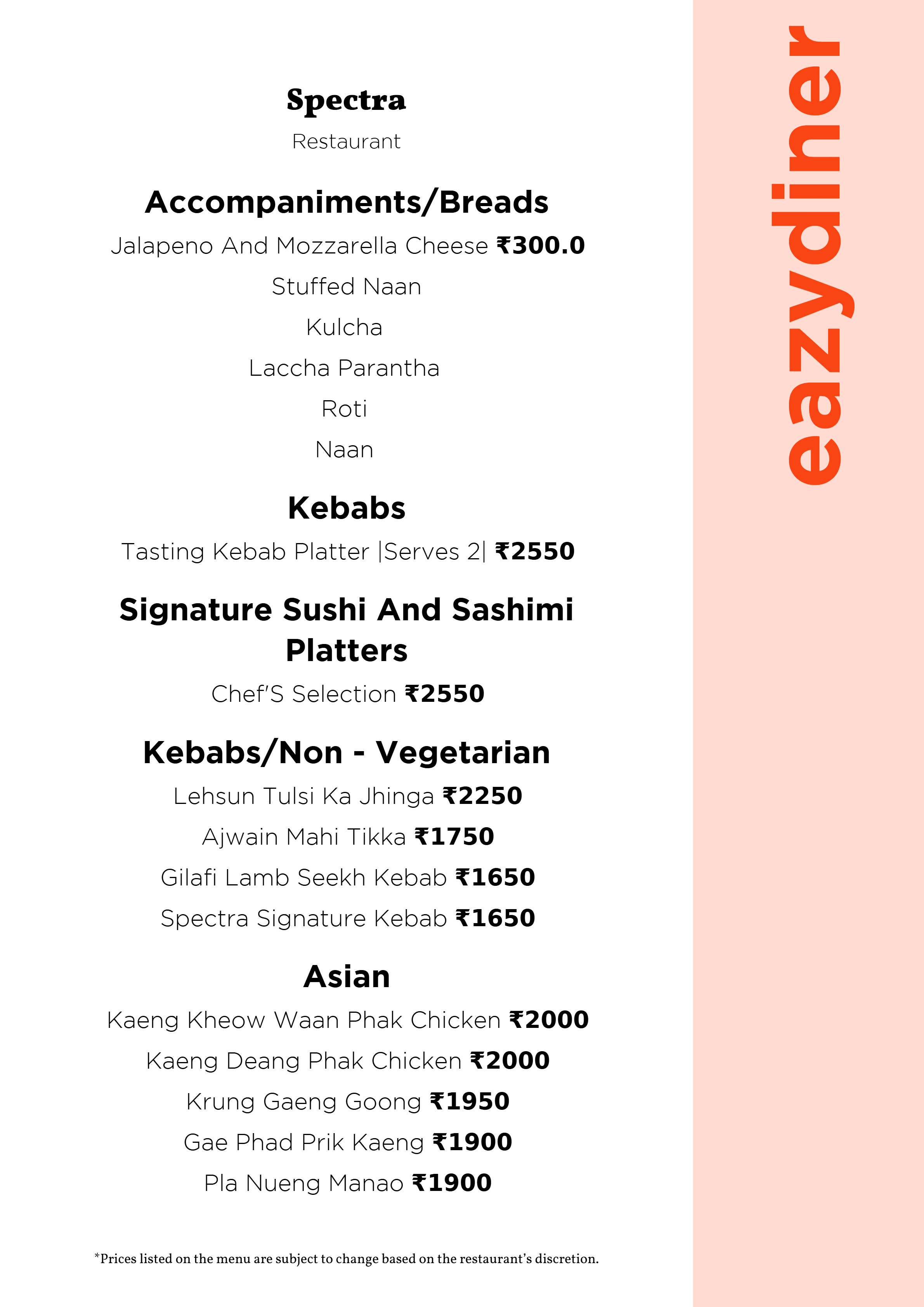 Menu of Spectra, The Leela Ambience, Gurgaon