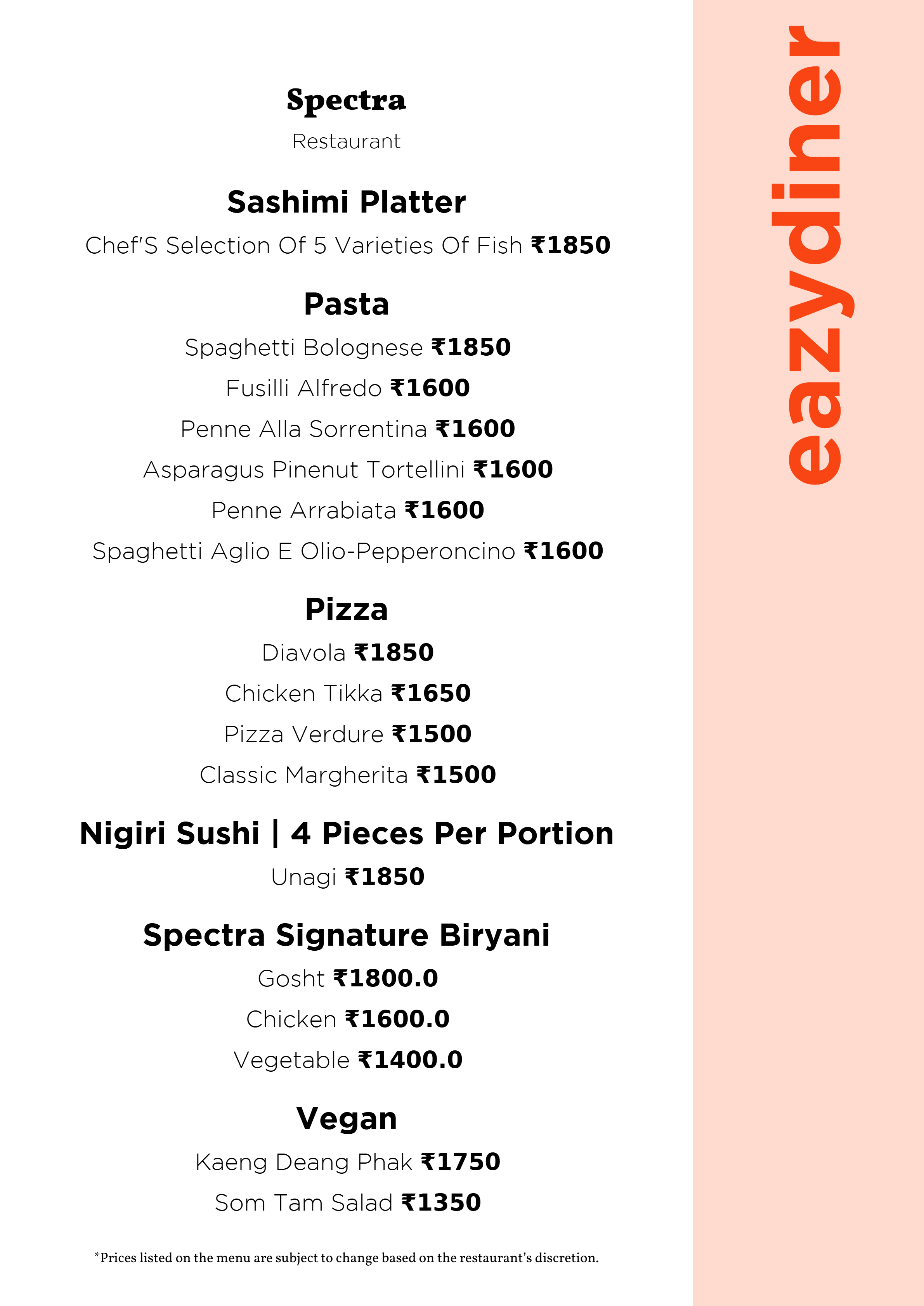 Menu of Spectra, The Leela Ambience, Gurgaon