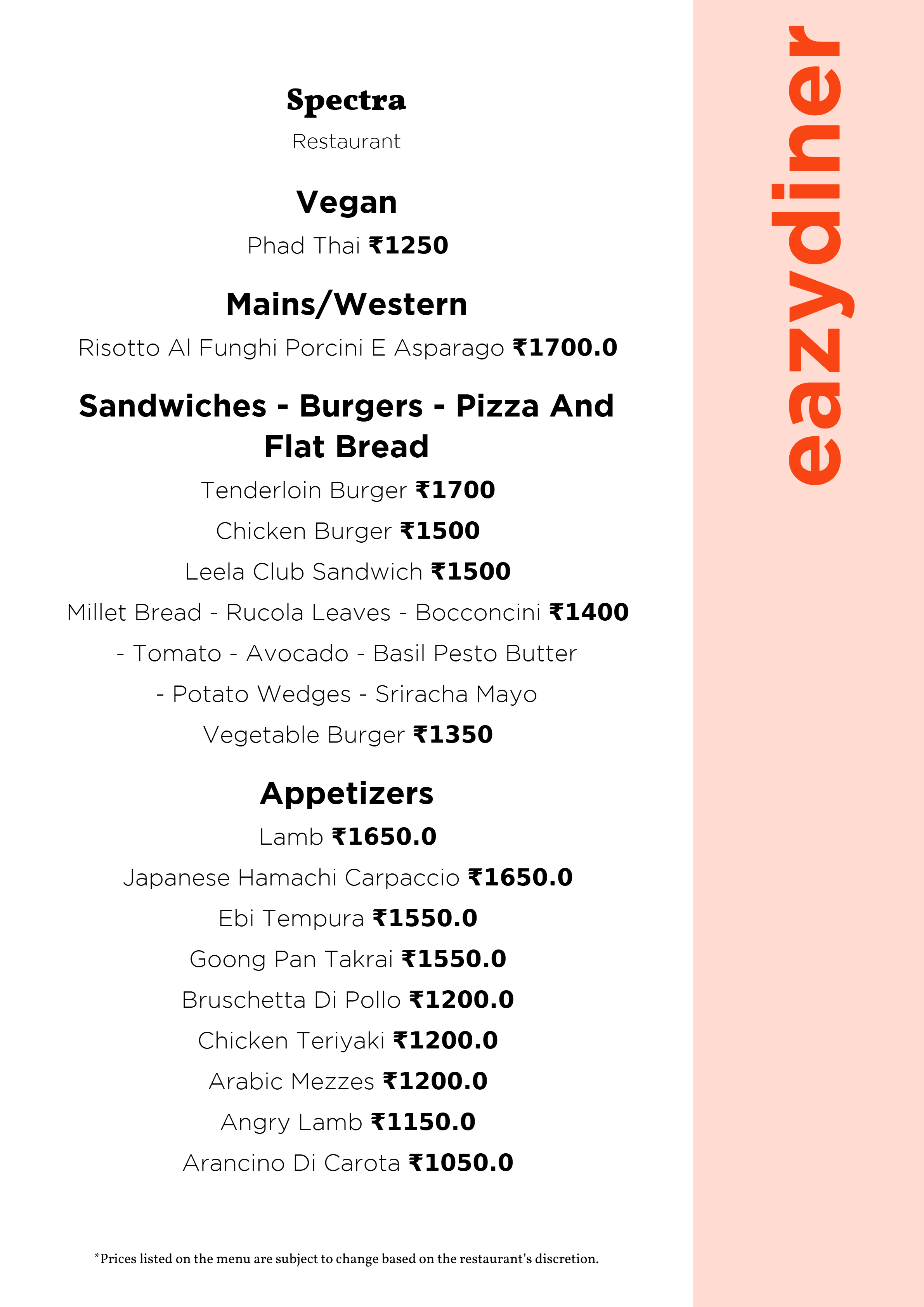 Menu of Spectra, The Leela Ambience, Gurgaon