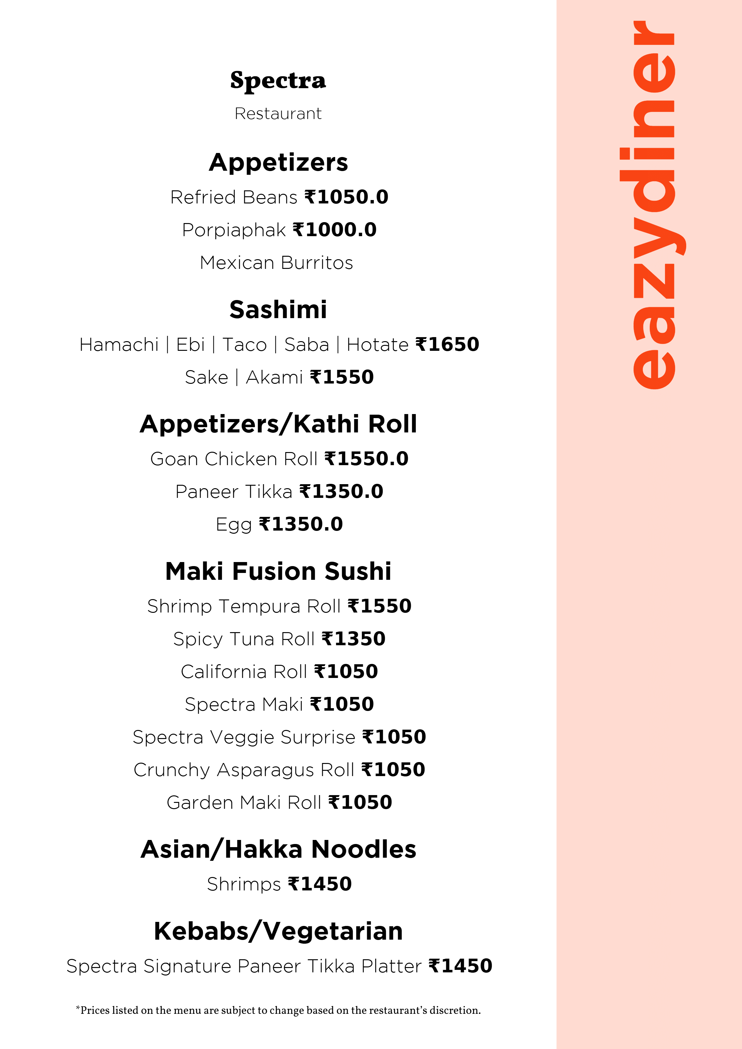 Menu of Spectra, The Leela Ambience, Gurgaon