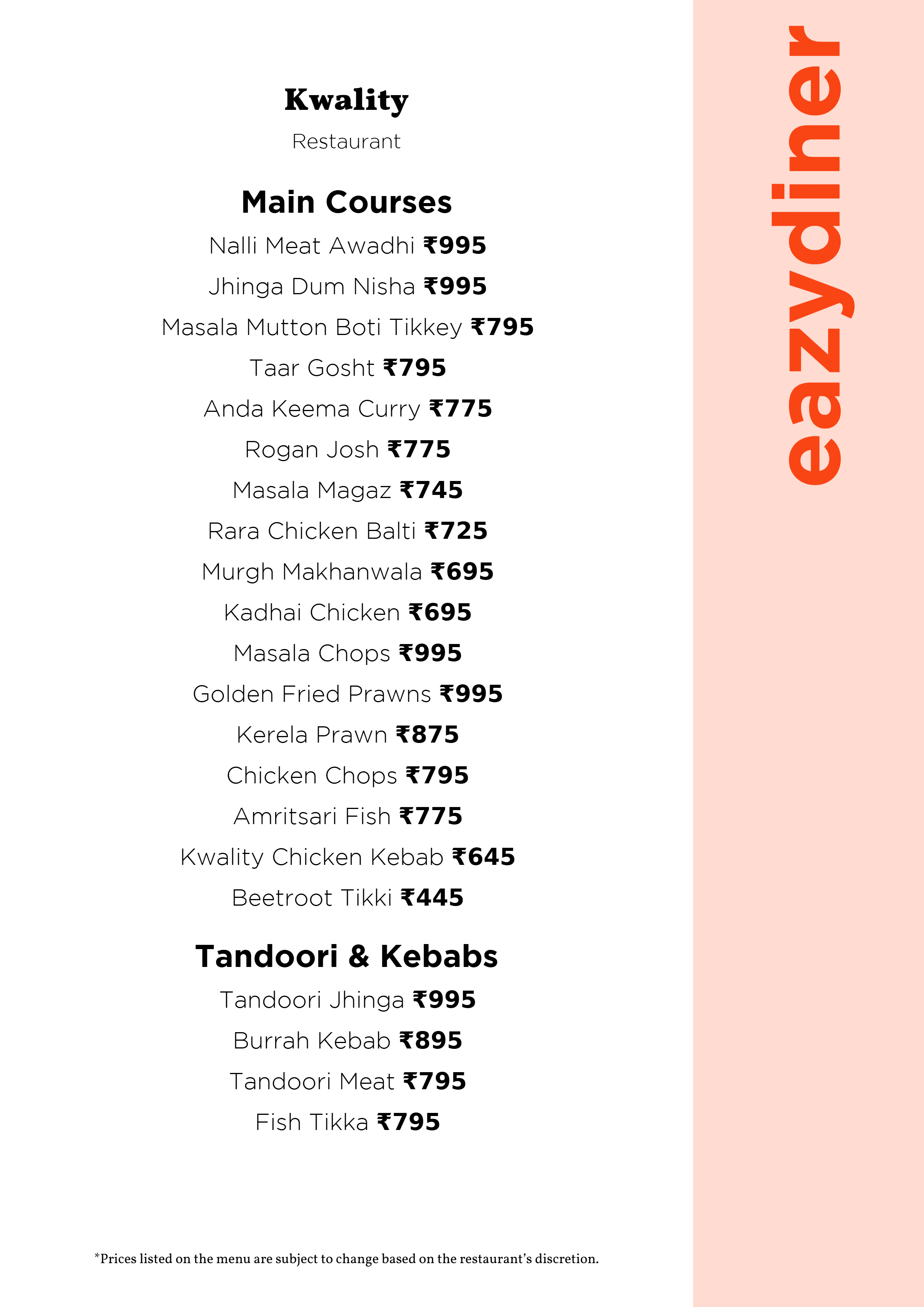 Menu of Kwality, Connaught Place (CP), Central Delhi