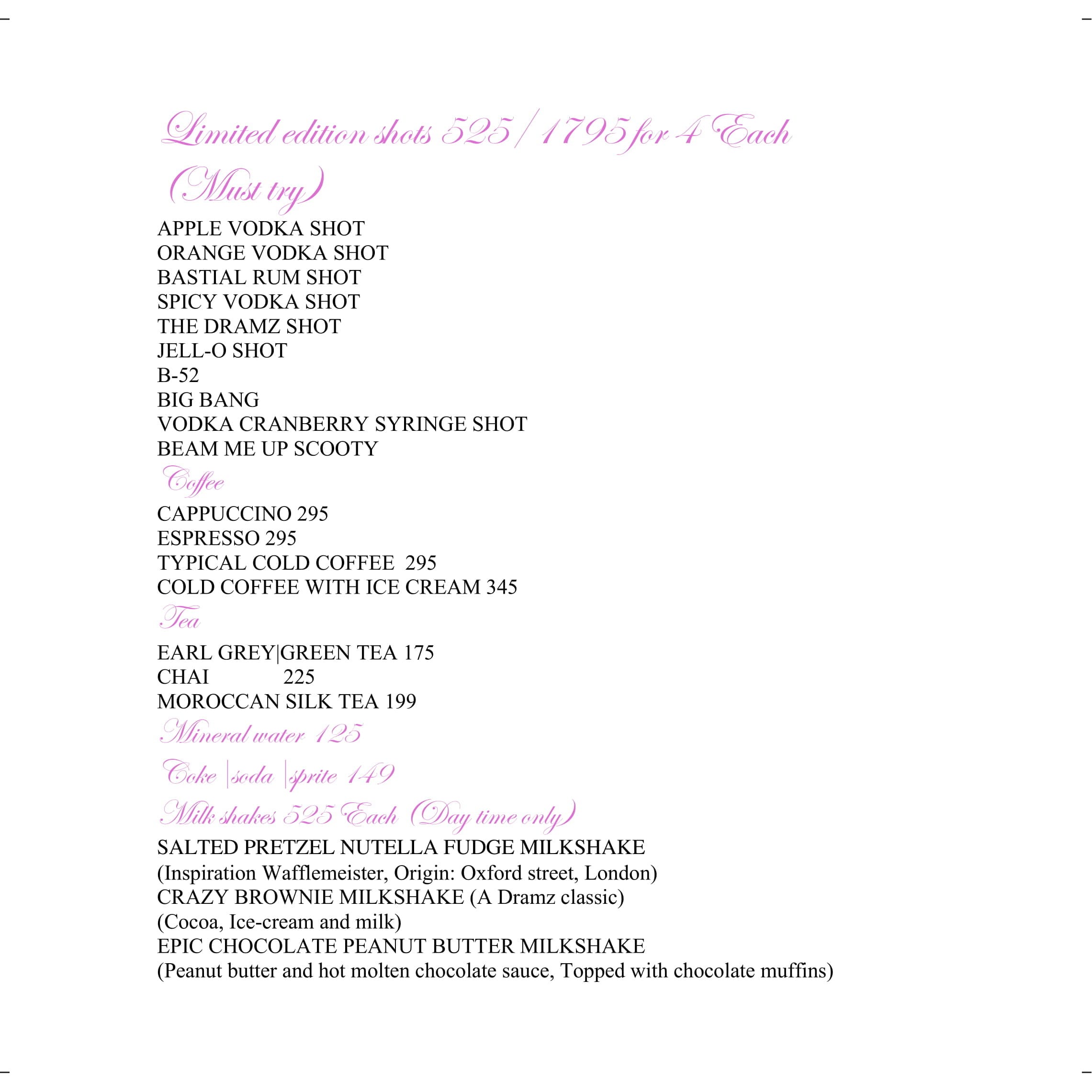 Menu of DRAMZ, Mehrauli, South Delhi