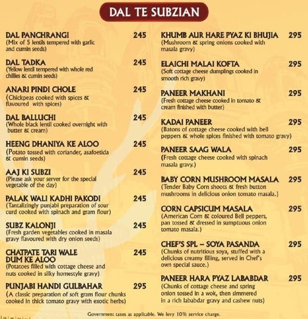 Menu of Pind Balluchi, Connaught Place (CP), Central Delhi