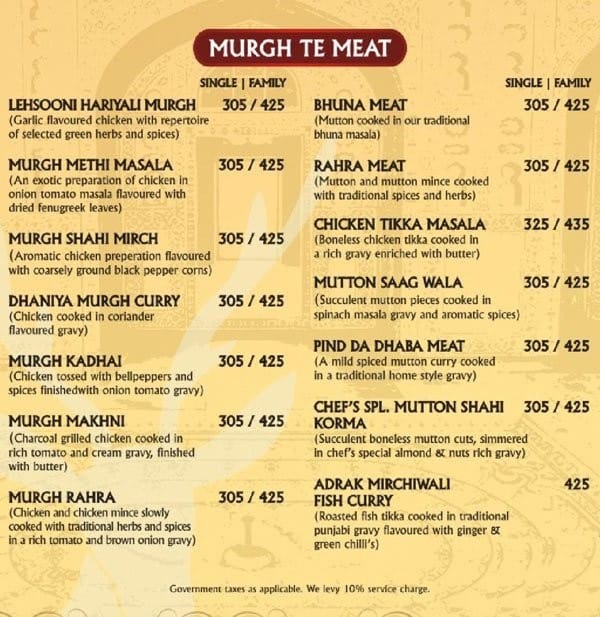 Menu of Pind Balluchi, Connaught Place (CP), Central Delhi