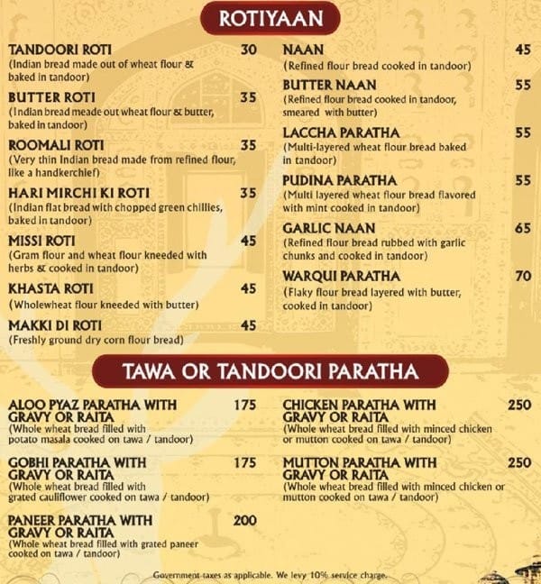 Menu of Pind Balluchi, Connaught Place (CP), Central Delhi