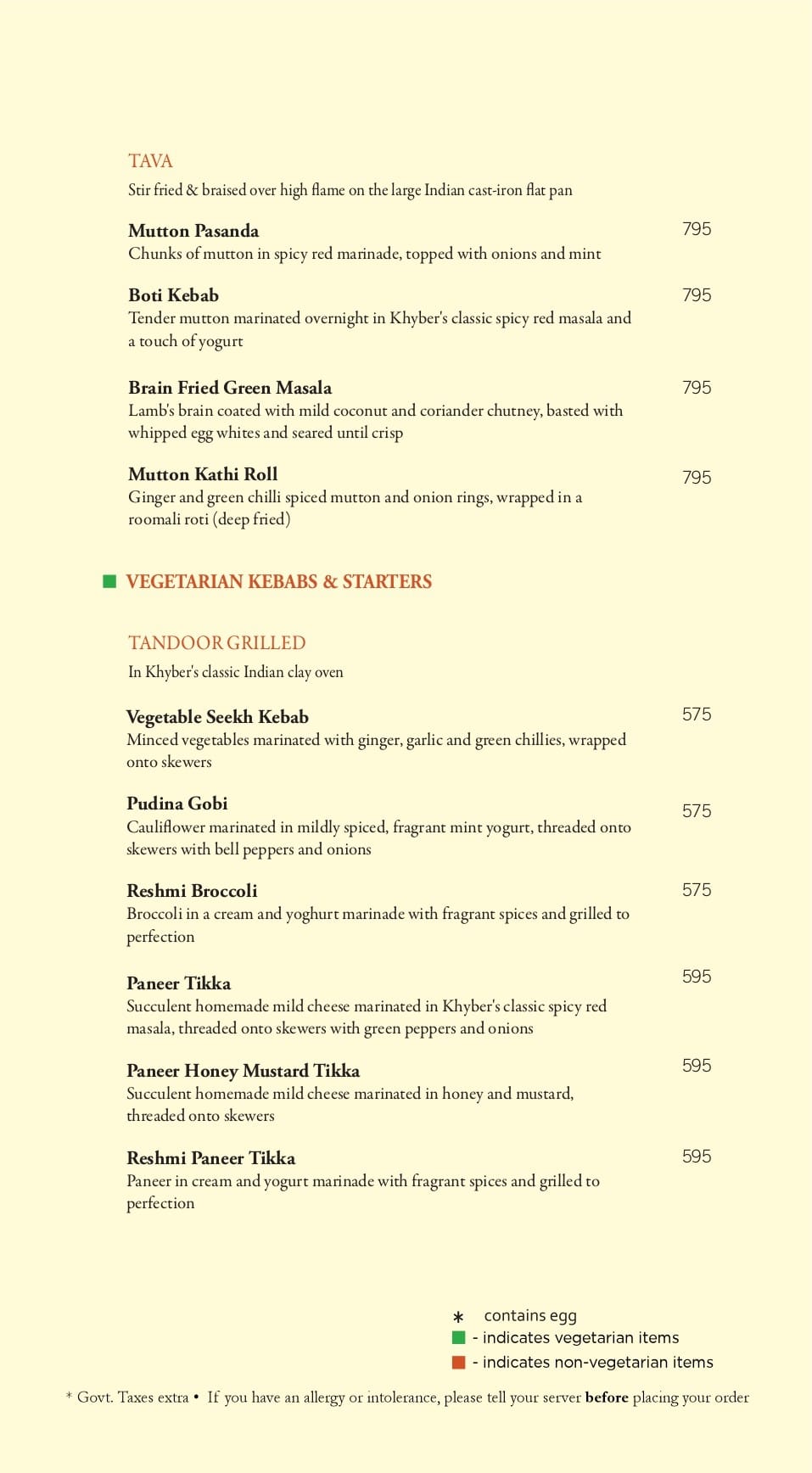 Menu of Khyber, Fort, South Mumbai