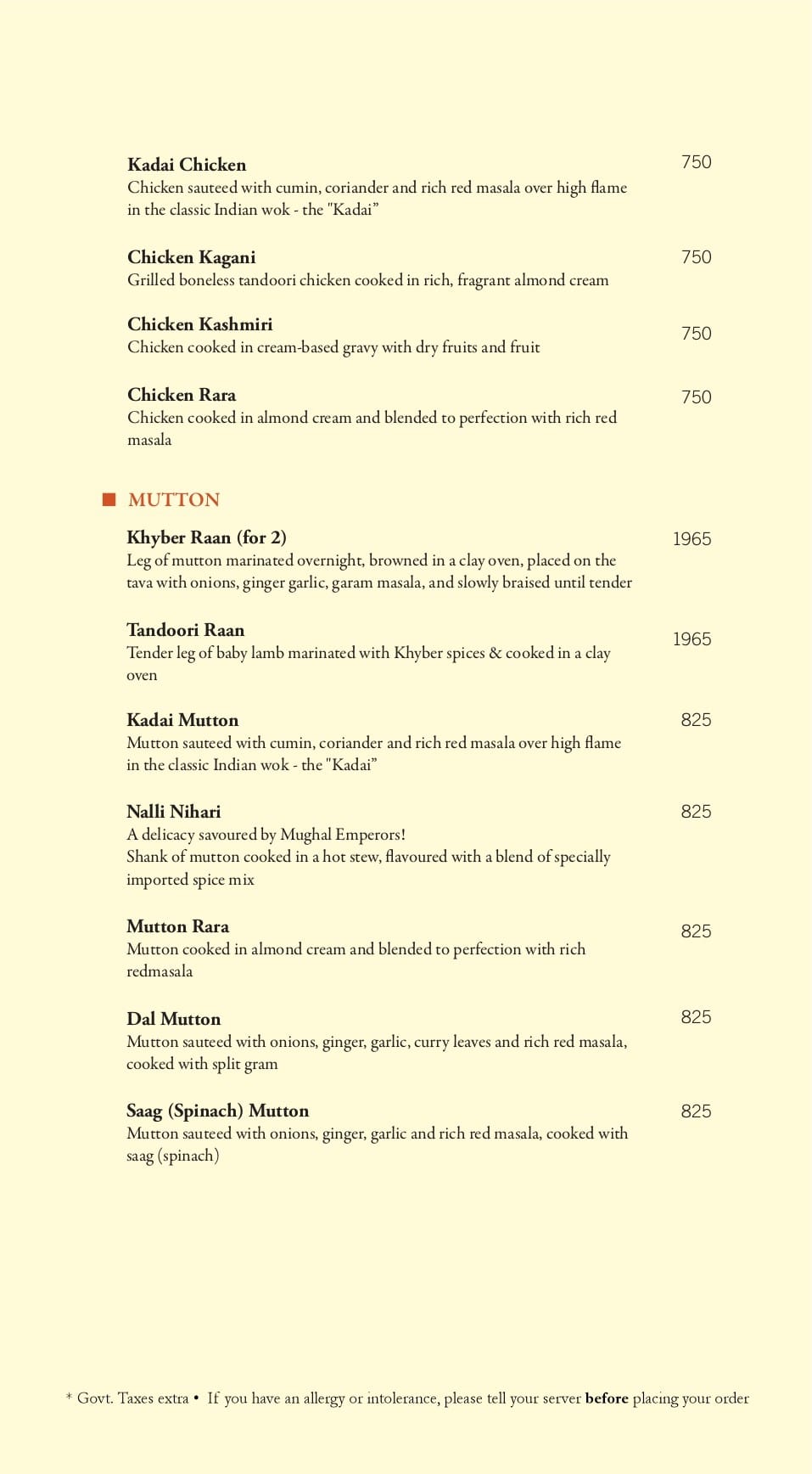 Menu of Khyber, Fort, South Mumbai