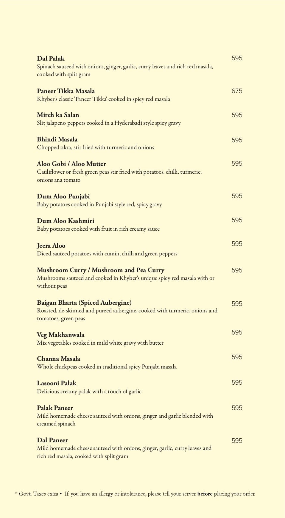 Menu of Khyber, Fort, South Mumbai