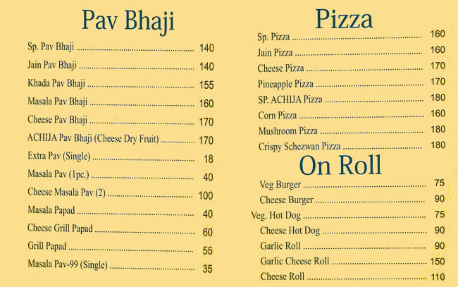 Menu of Achija, Ghatkopar East, Central Mumbai