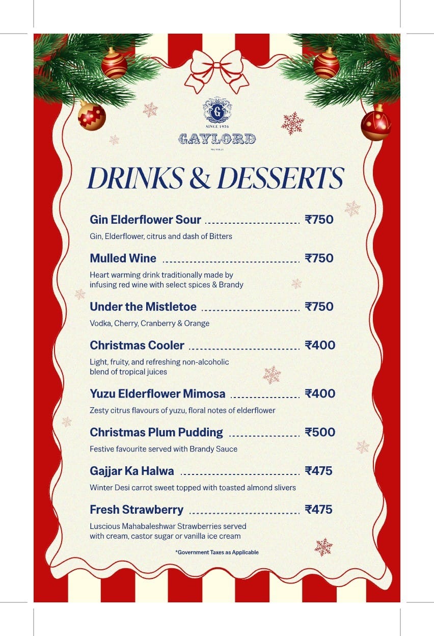 Menu of Gaylord, Churchgate, South Mumbai