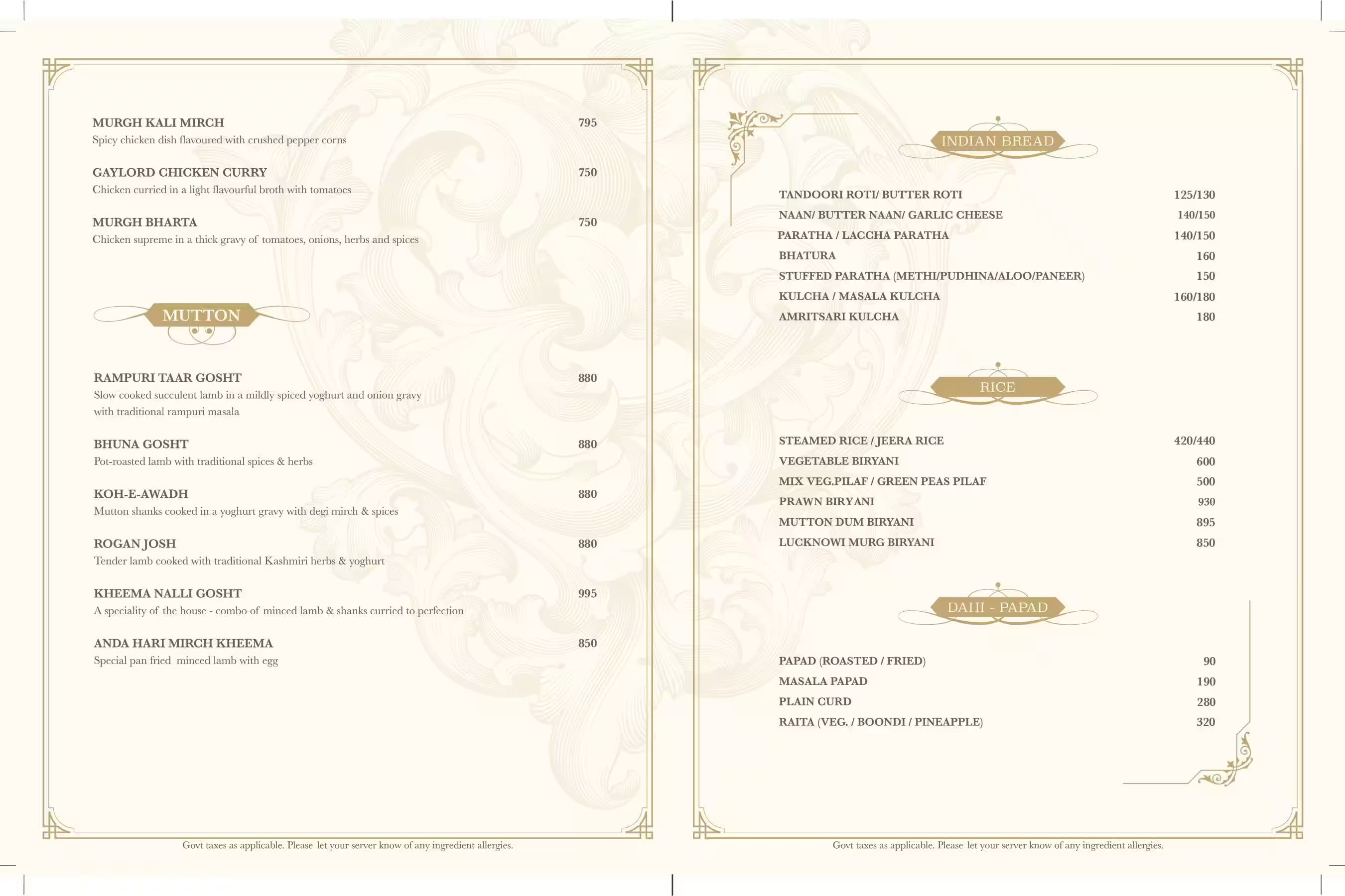 Menu of Gaylord, Churchgate, South Mumbai