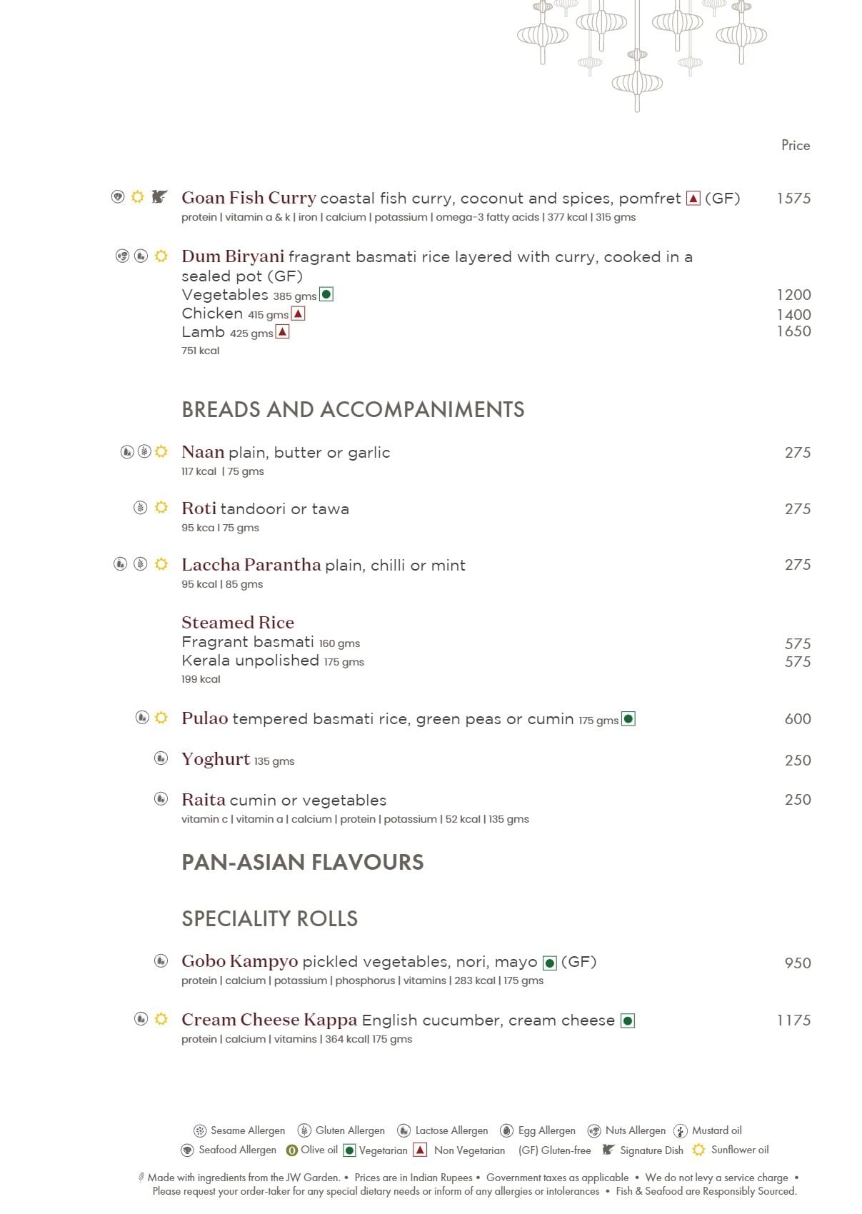 Menu of JW Cafe, JW Marriott Mumbai Sahar, Mumbai