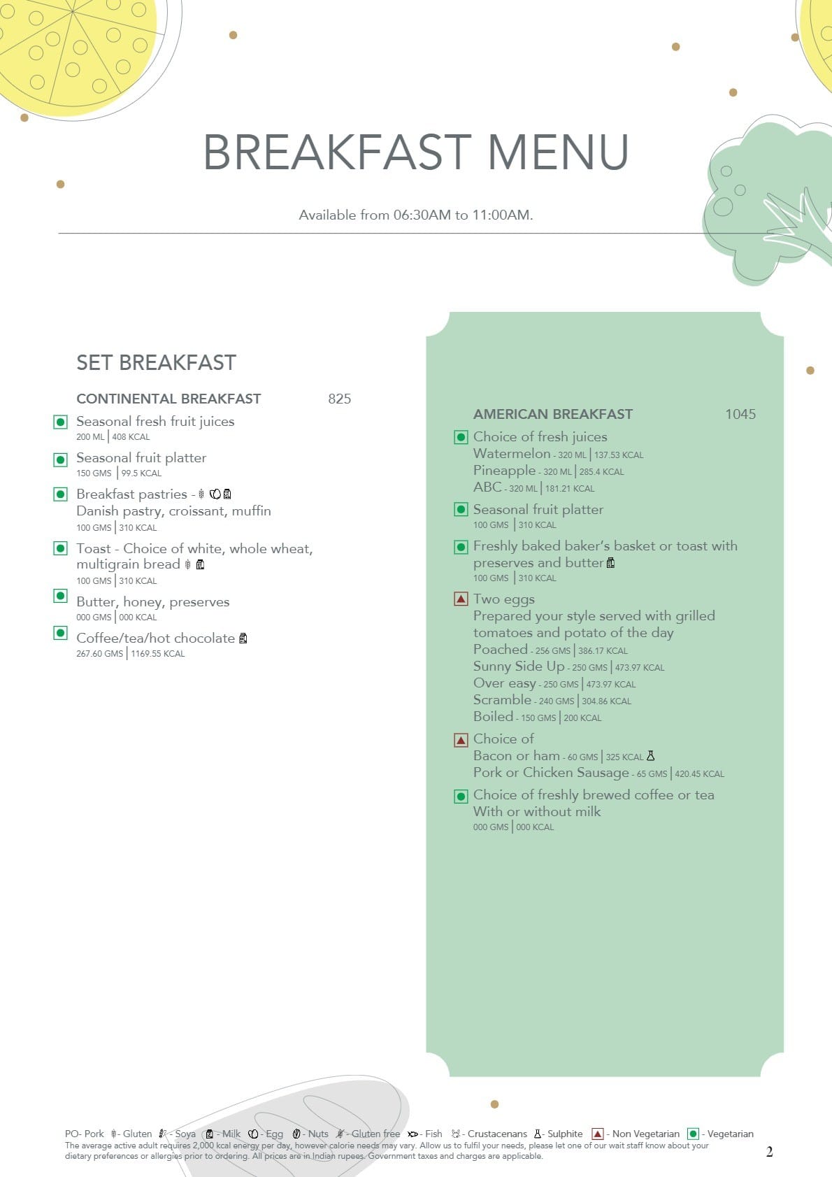 Menu of Lake View Cafe, The Westin Mumbai Powai Lake