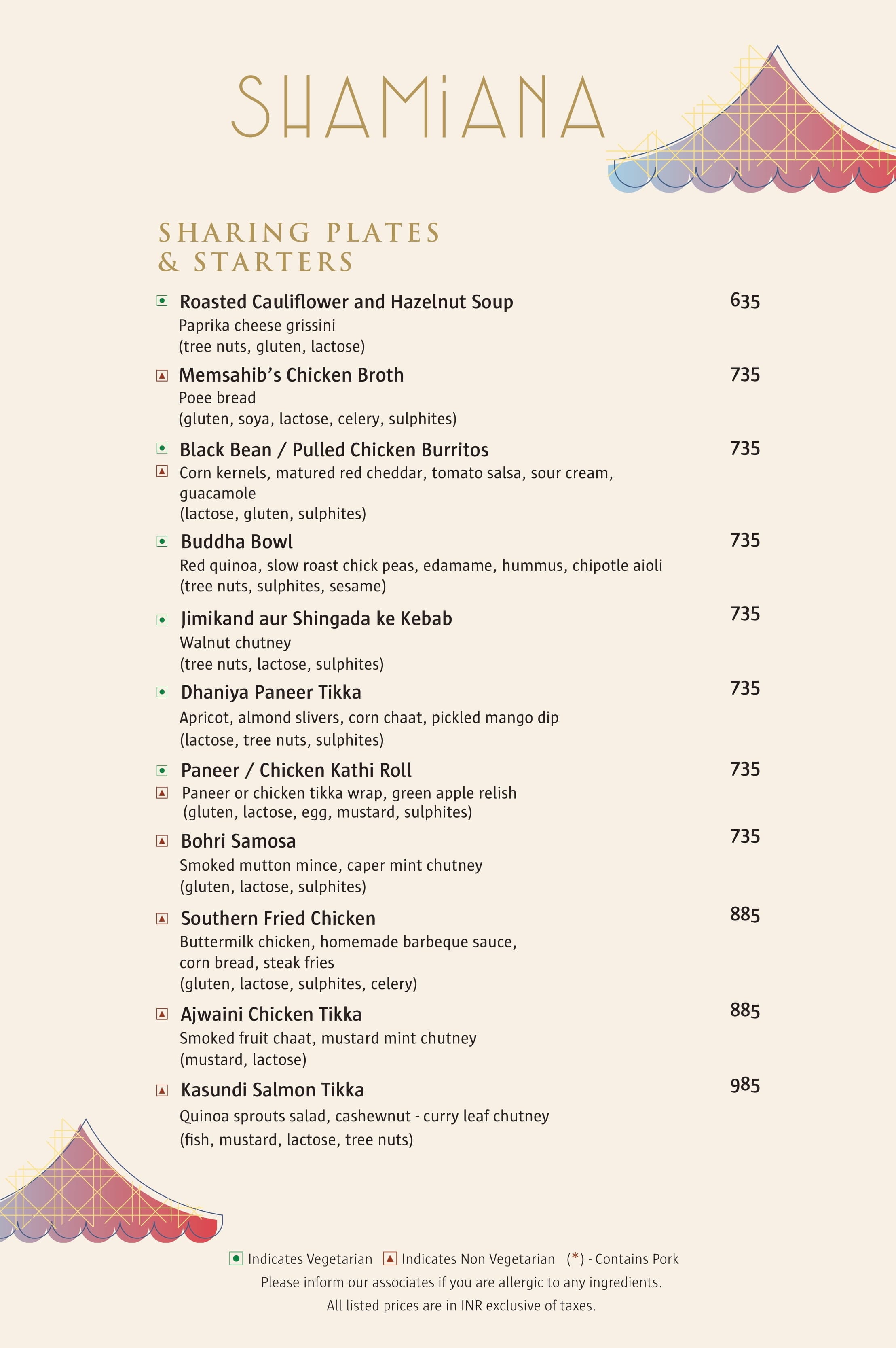 Menu of Shamiana, The Taj Mahal Palace Hotel, Mumbai