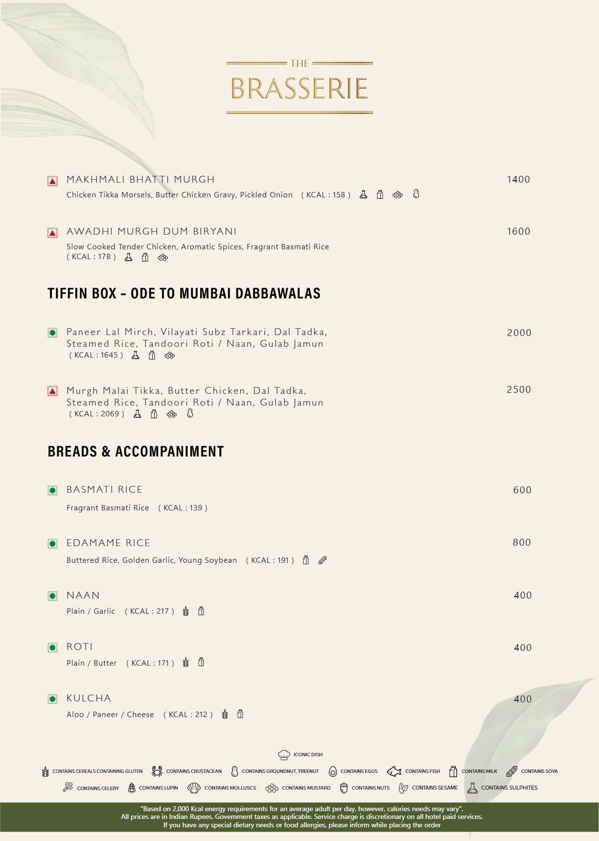 Menu of The Brasserie BY HILTON MUMBAI , Hilton Mumbai, Mumbai