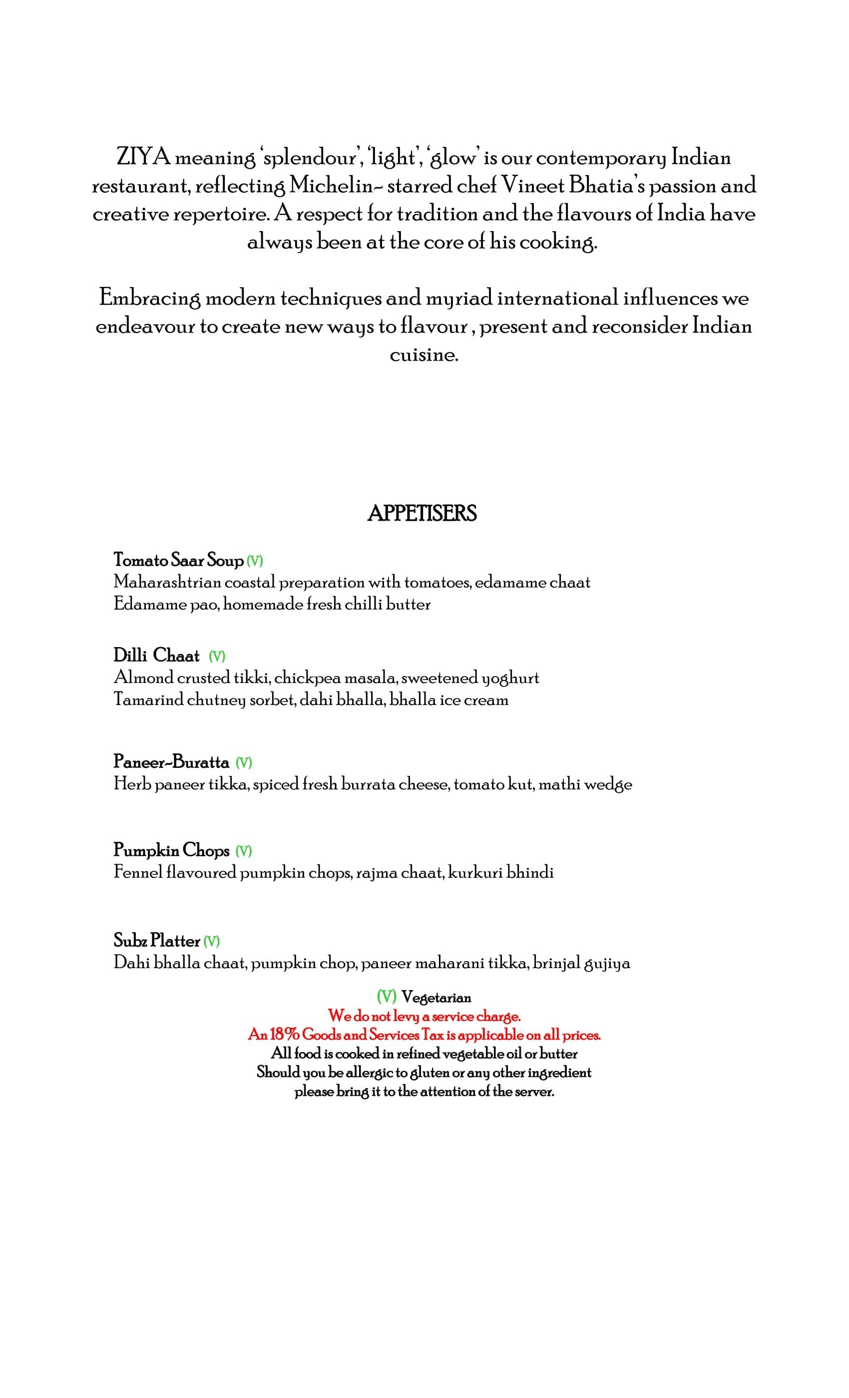 Menu of Ziya, The Oberoi, Mumbai