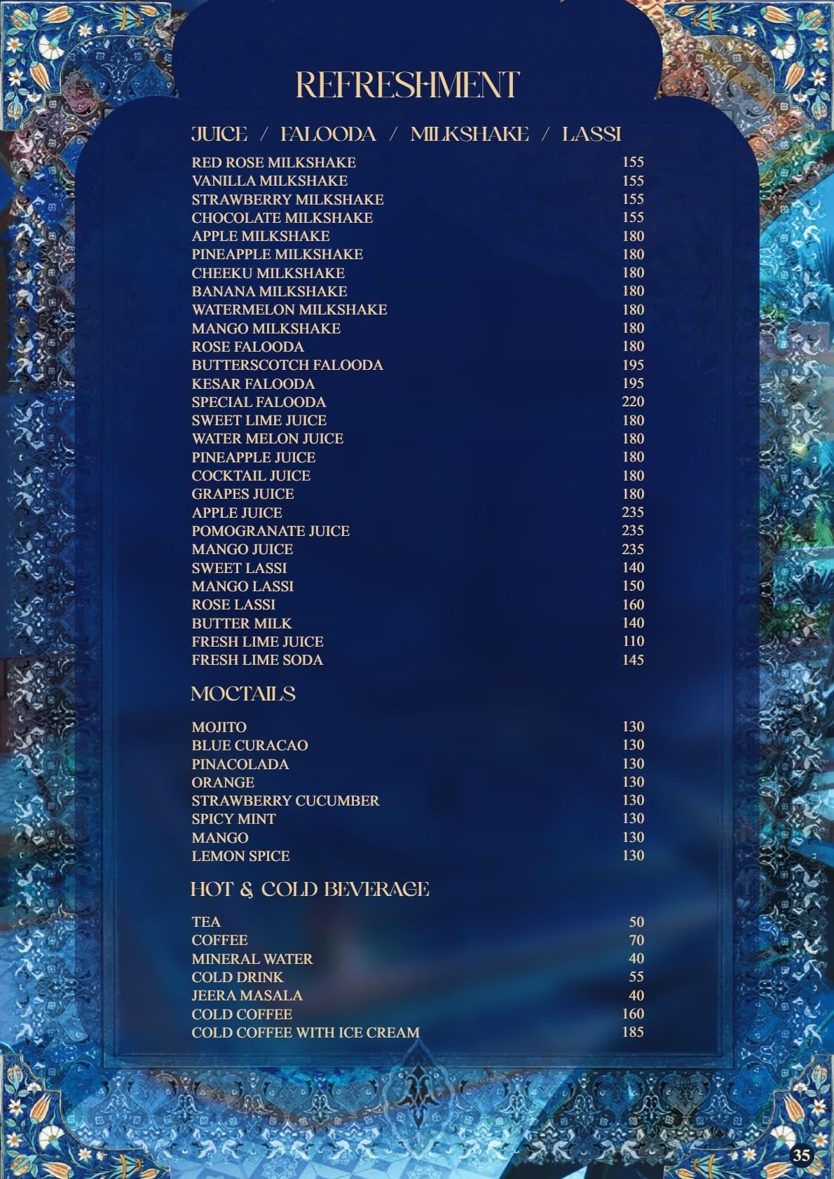 Menu of Persian Darbar, Byculla, South Mumbai