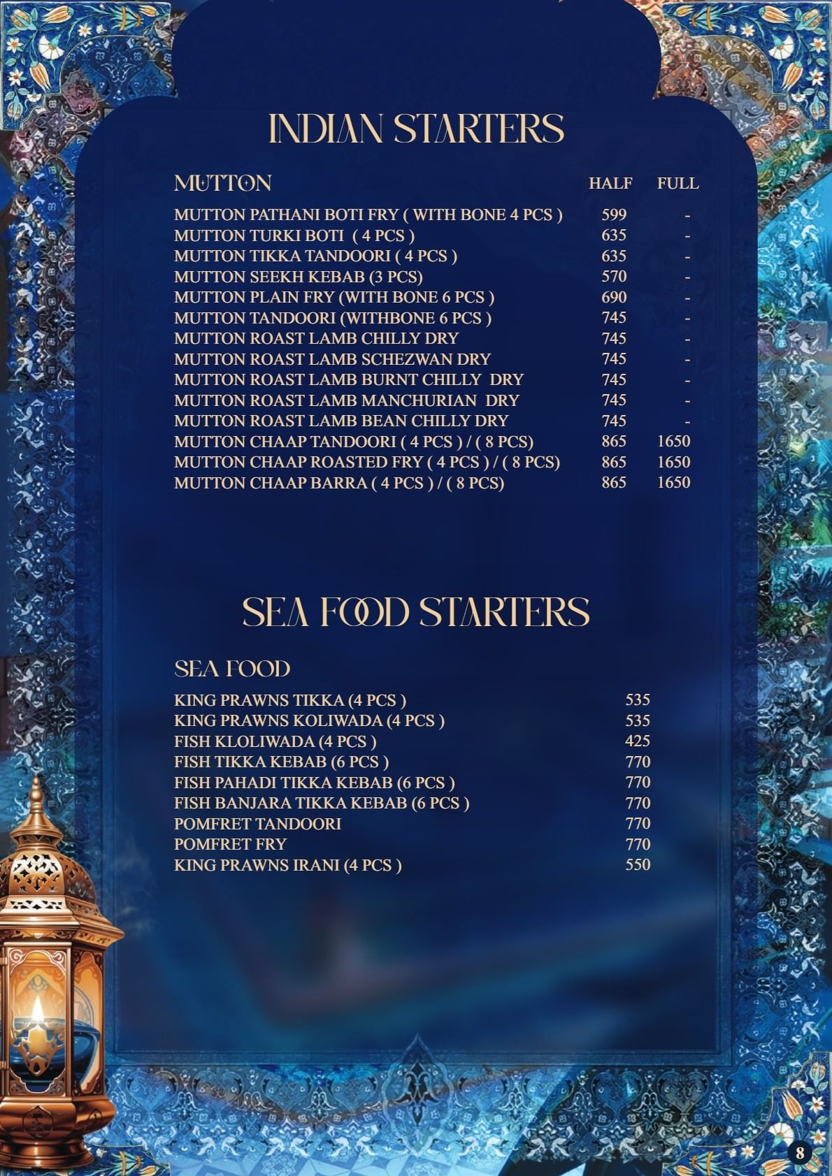 Menu of Persian Darbar, Byculla, South Mumbai