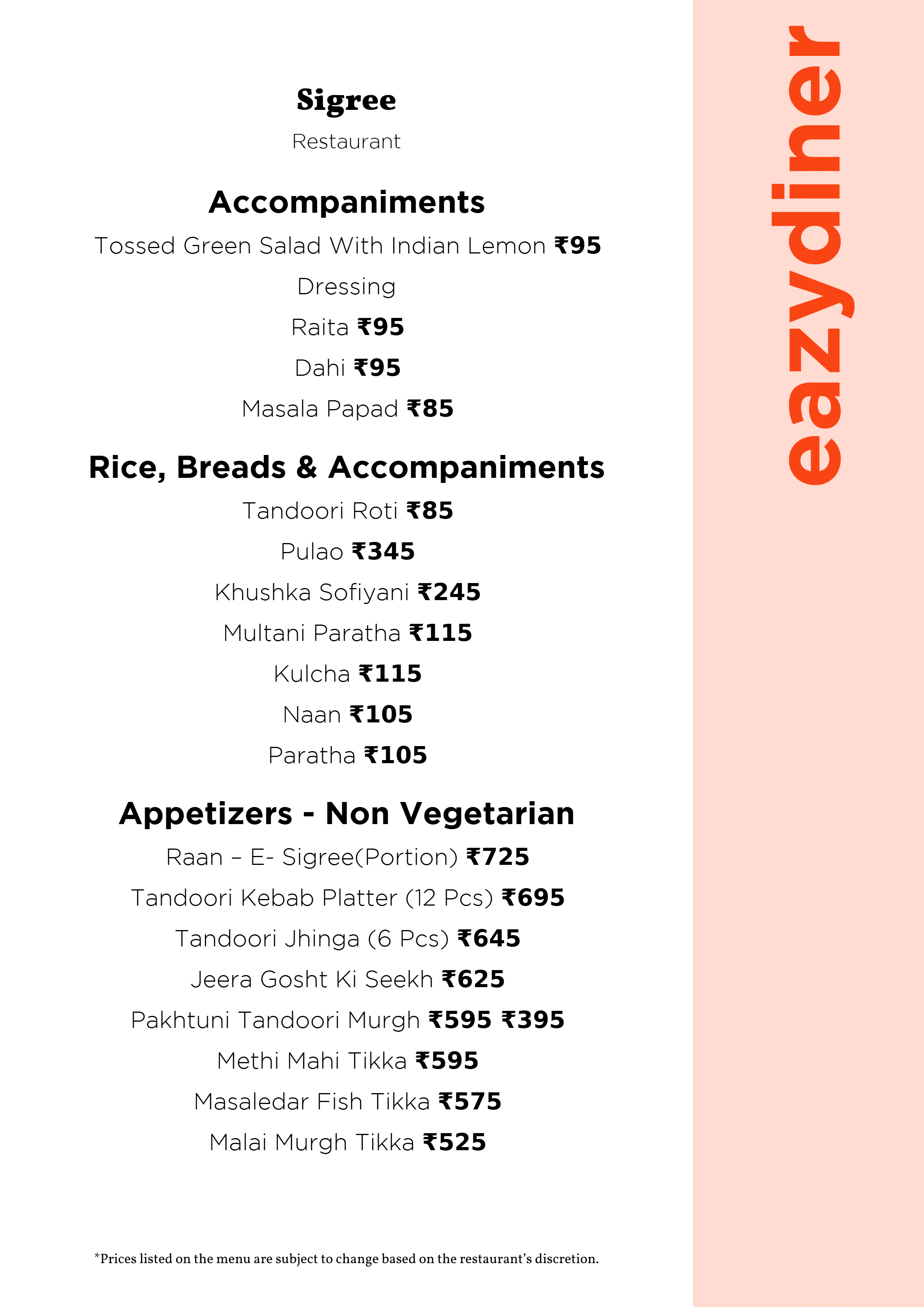 Menu of Sigree, Vashi, Navi Mumbai