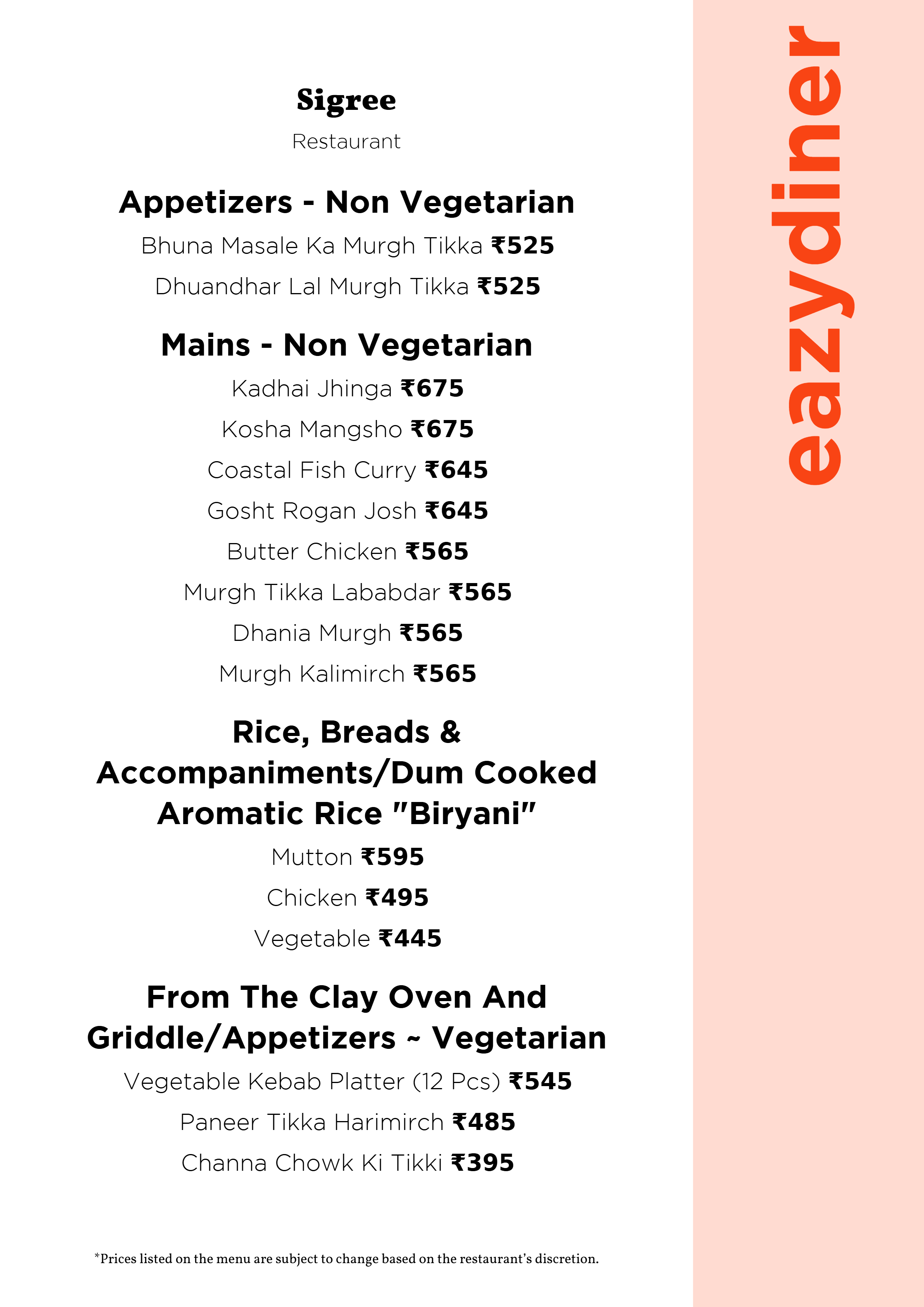 Menu of Sigree, Vashi, Navi Mumbai