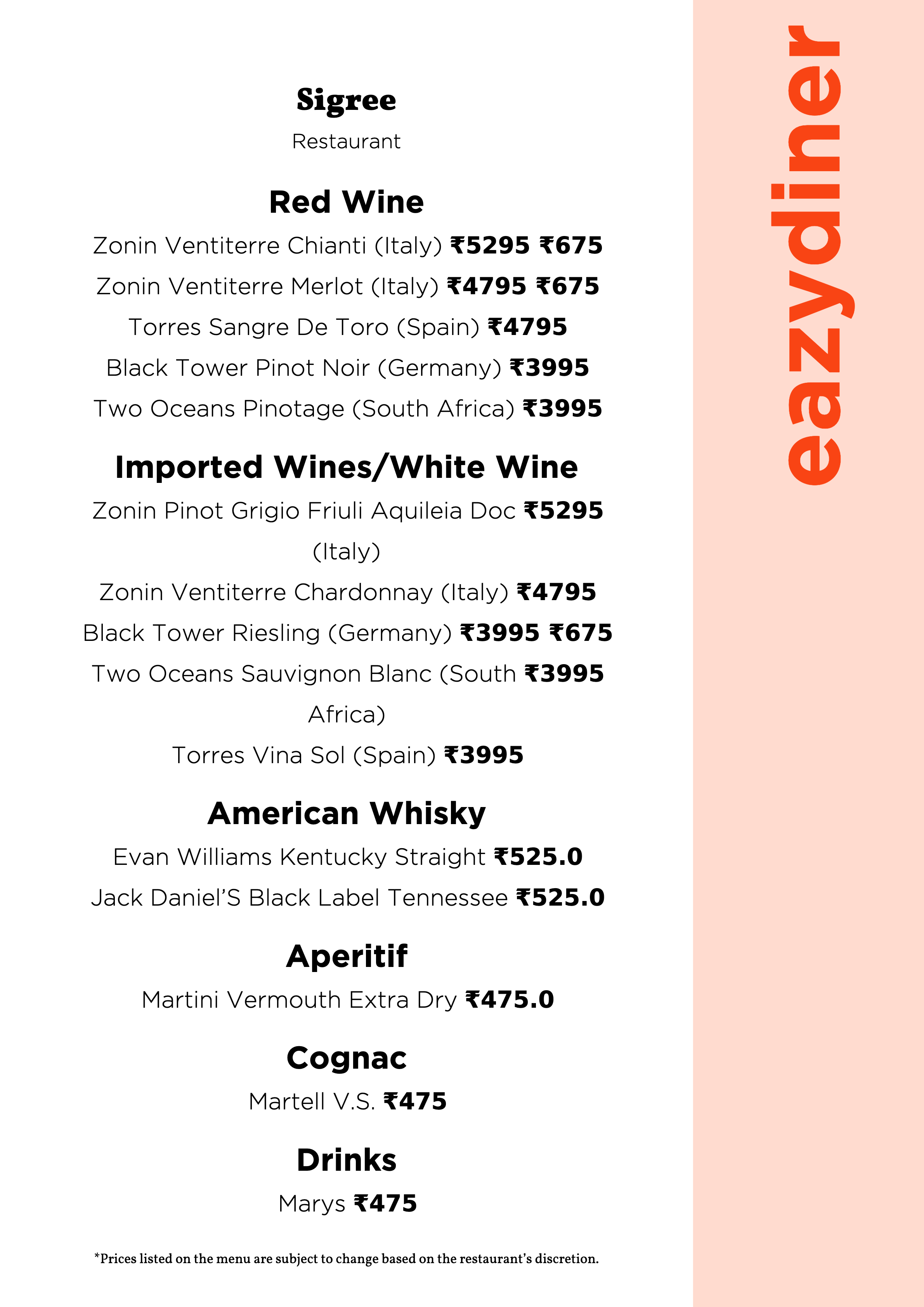 Menu of Sigree, Vashi, Navi Mumbai