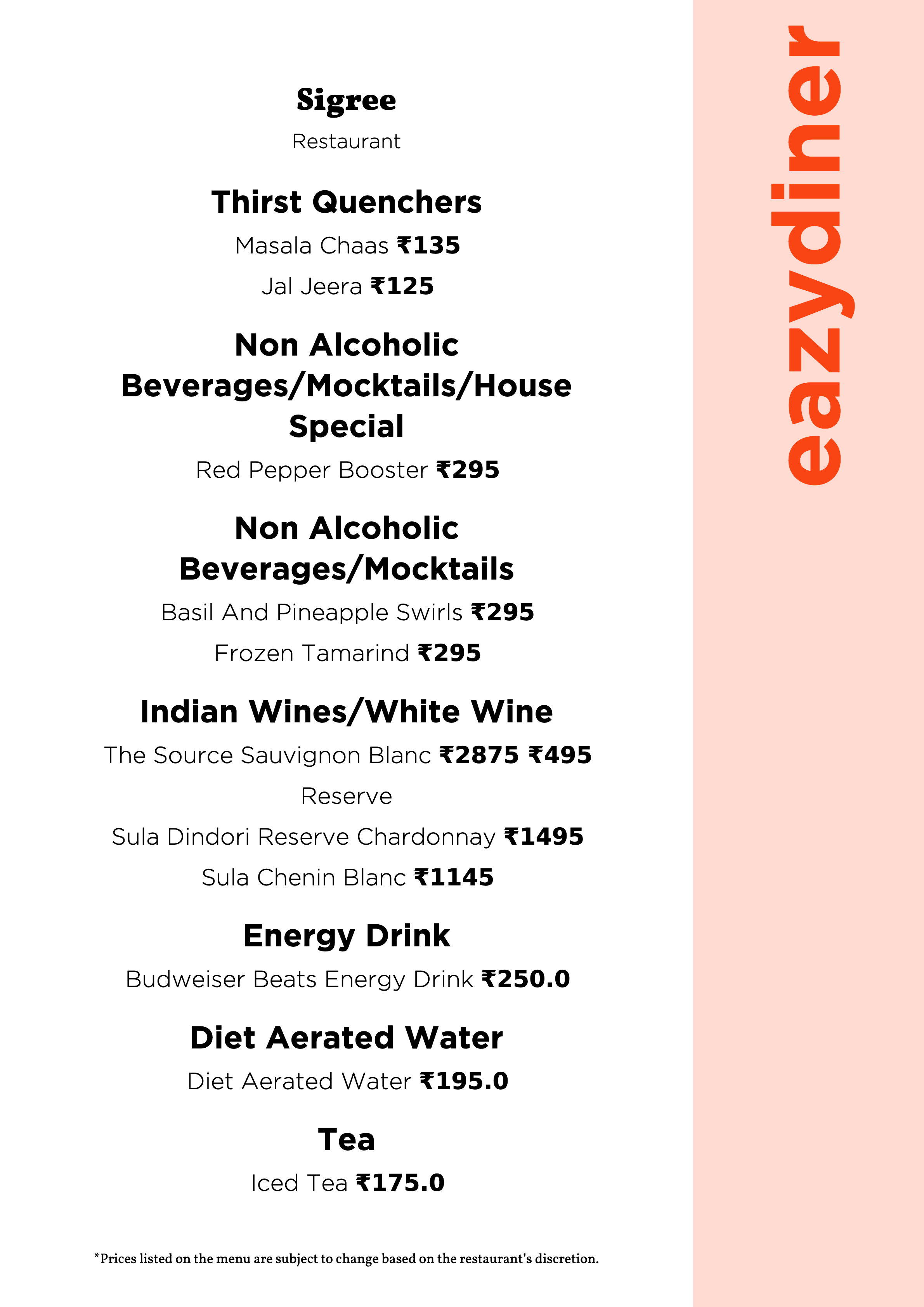 Menu of Sigree, Vashi, Navi Mumbai