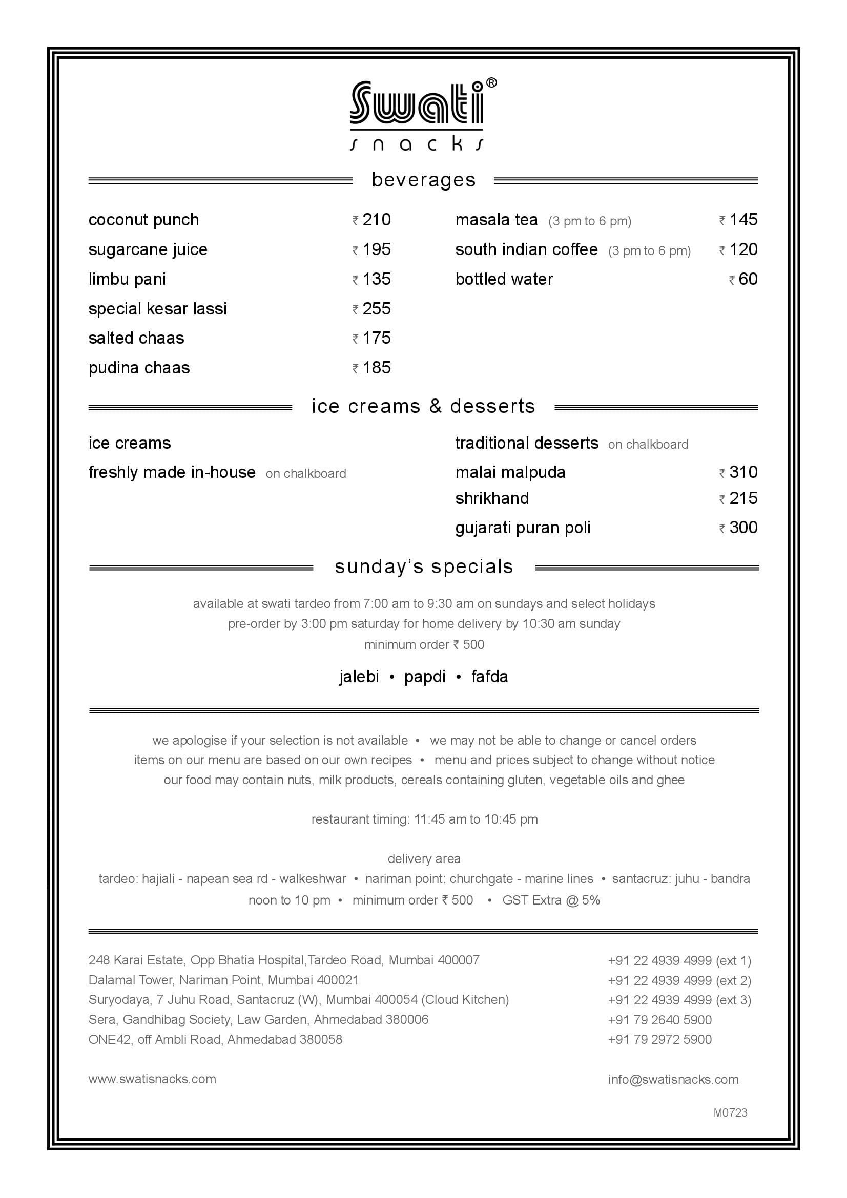 Menu of Swati Snacks, Tardeo, South Mumbai