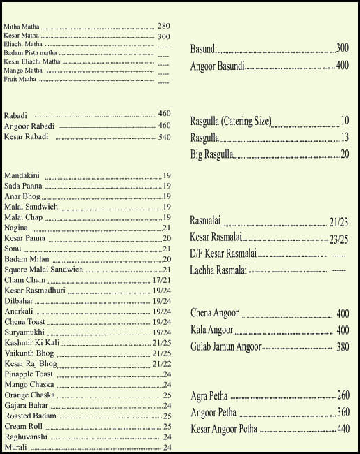 Menu of MM Mithaiwala, Malad West, Western Suburbs