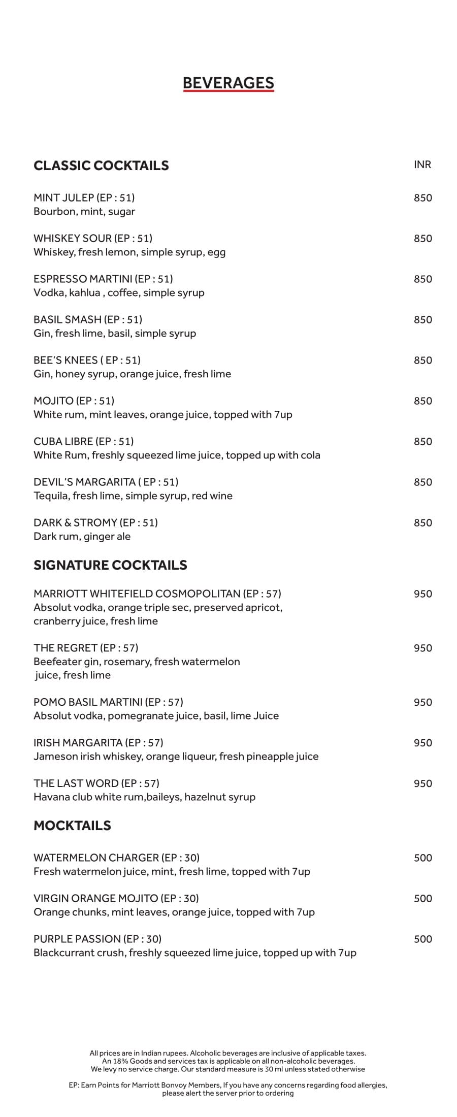 Menu of M Cafe, Bengaluru Marriott Hotel Whitefield