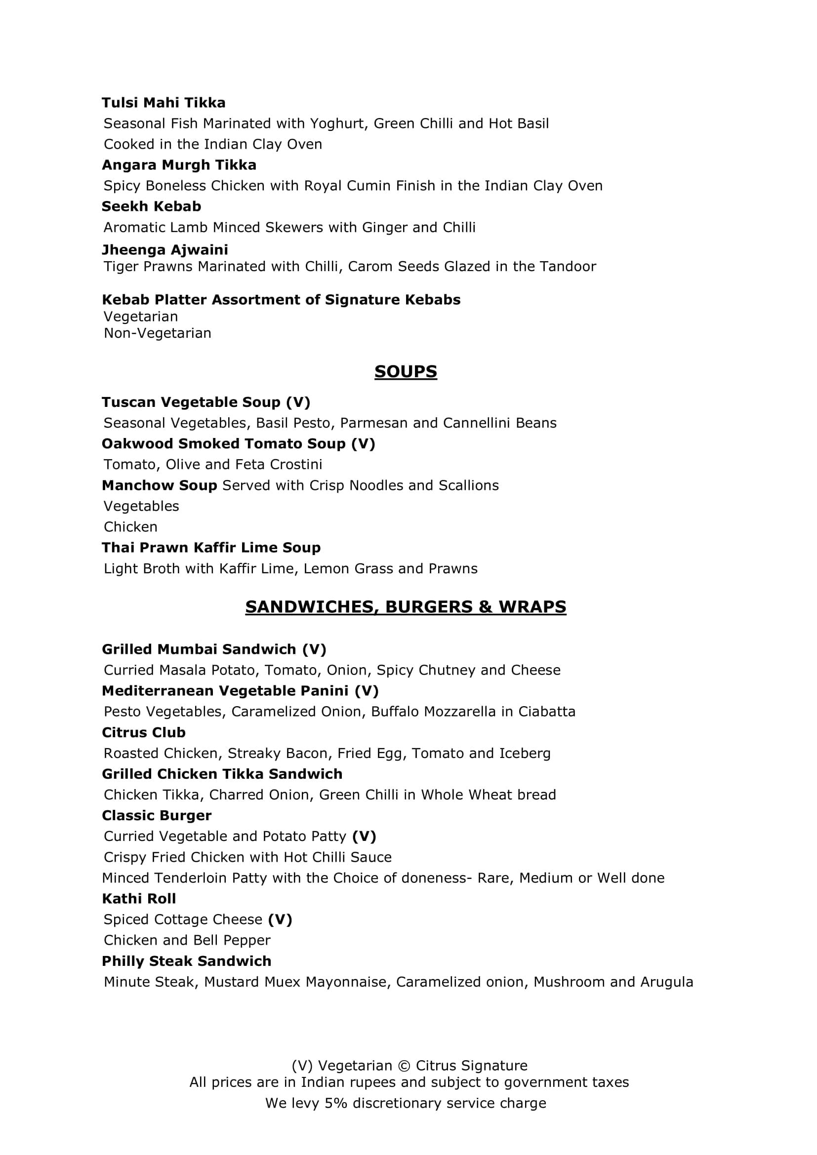 Menu of Citrus , The Leela Palace, Bengaluru