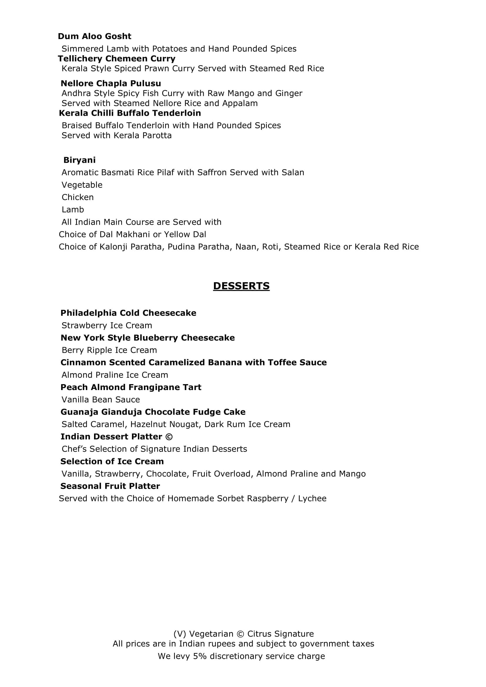 Menu of Citrus , The Leela Palace, Bengaluru
