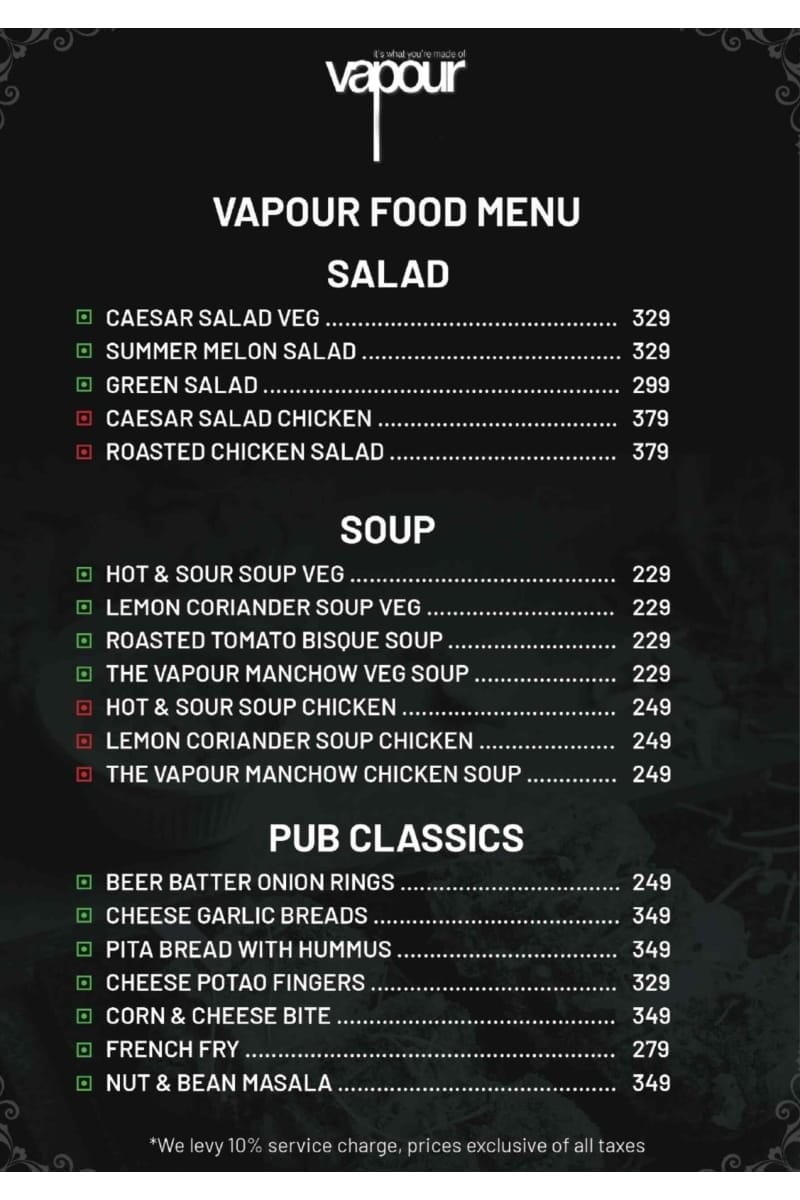 Menu of Vapour Pub & Brewery, 100 Feet Road, East Bengaluru