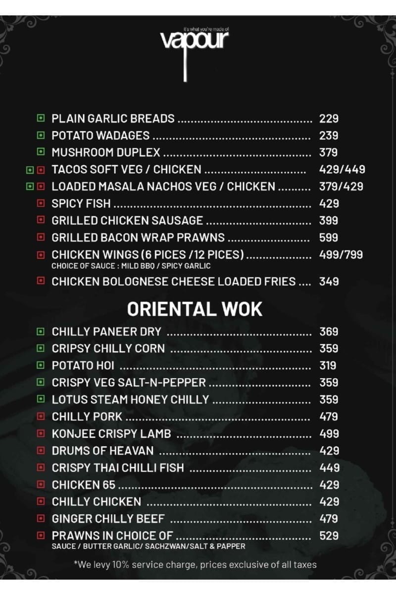 Menu of Vapour Pub & Brewery, 100 Feet Road, East Bengaluru