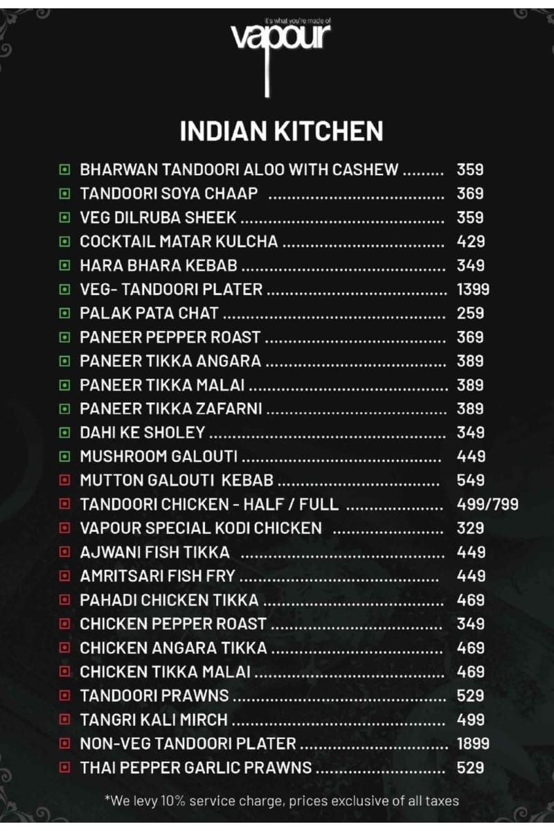 Menu of Vapour Pub & Brewery, 100 Feet Road, East Bengaluru