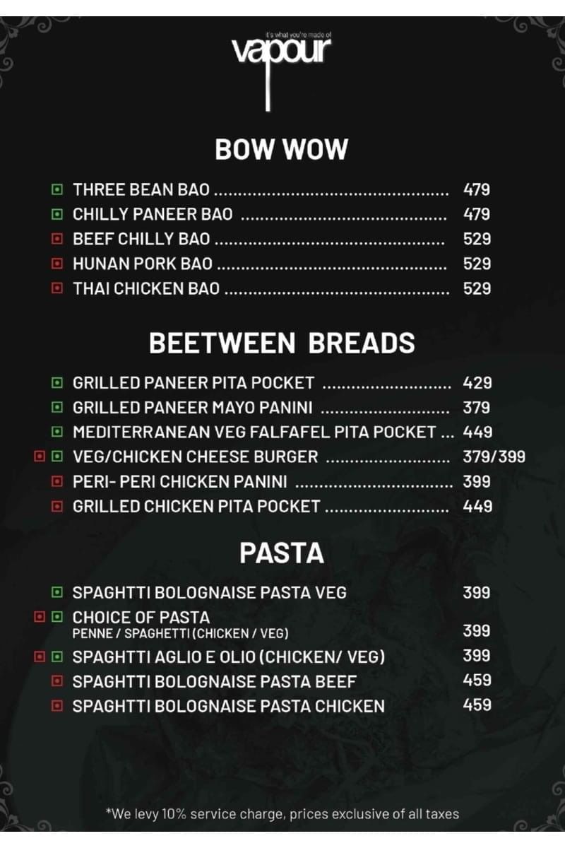 Menu of Vapour Pub & Brewery, 100 Feet Road, East Bengaluru