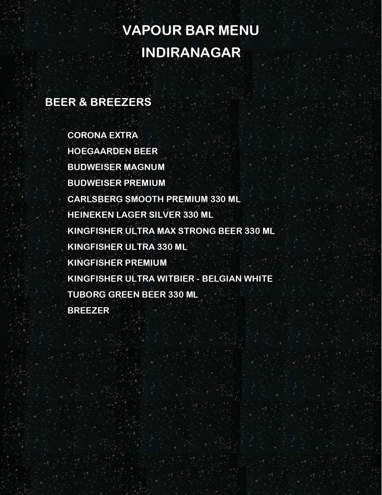 Menu of Vapour Pub & Brewery, 100 Feet Road, East Bengaluru