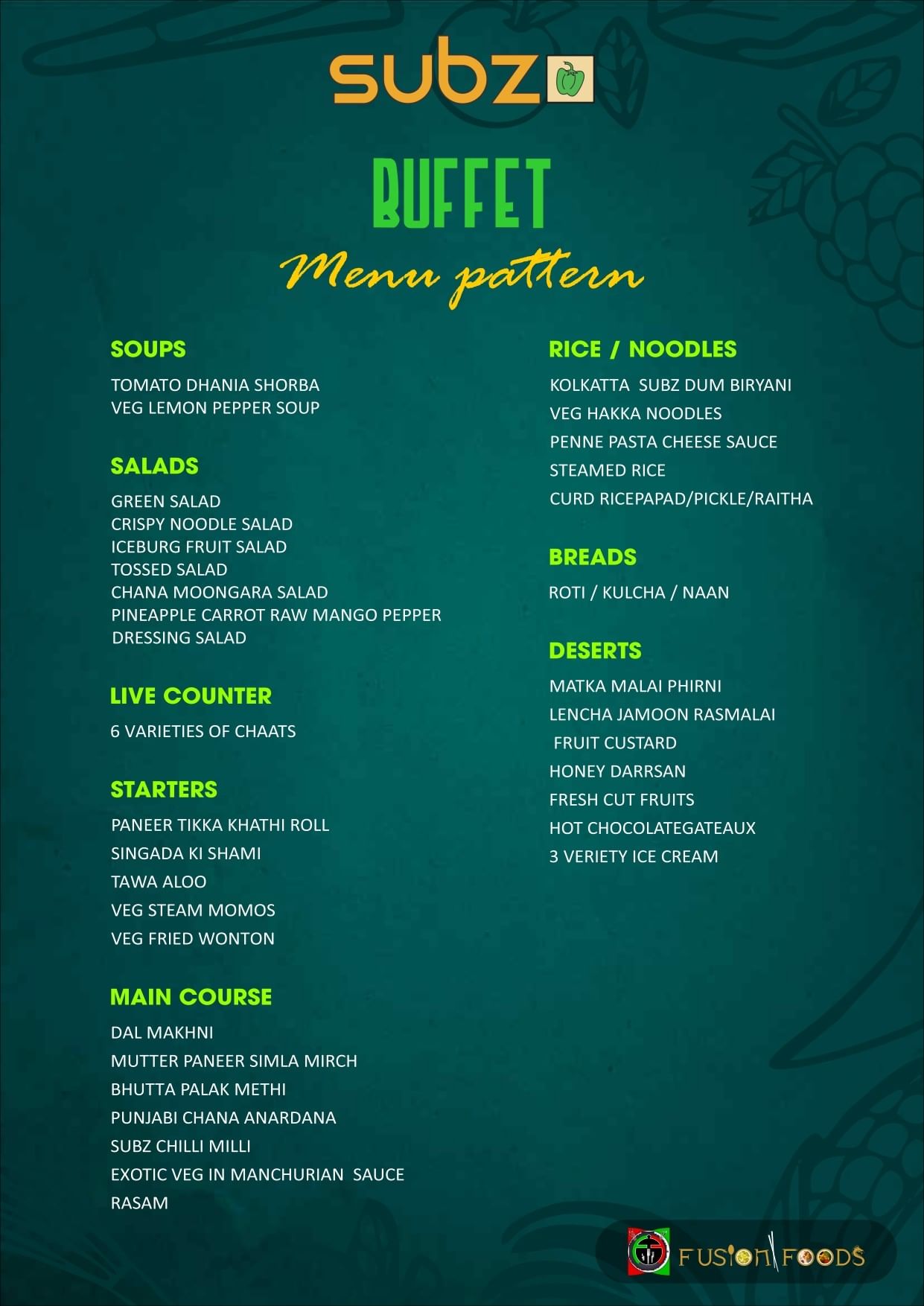 Menu of Subz, Jayanagar, South Bengaluru