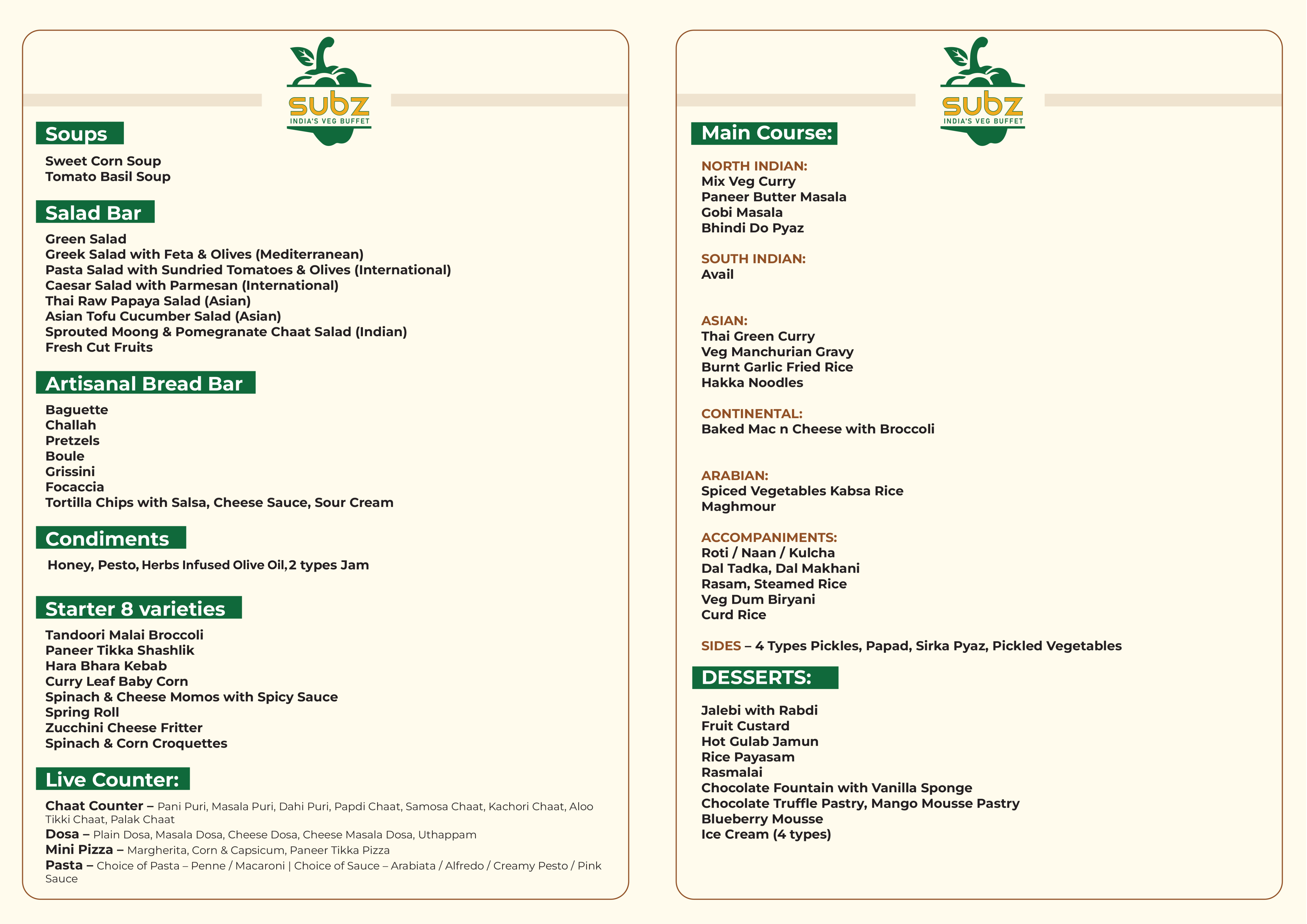 Menu of Subz, Jayanagar, South Bengaluru