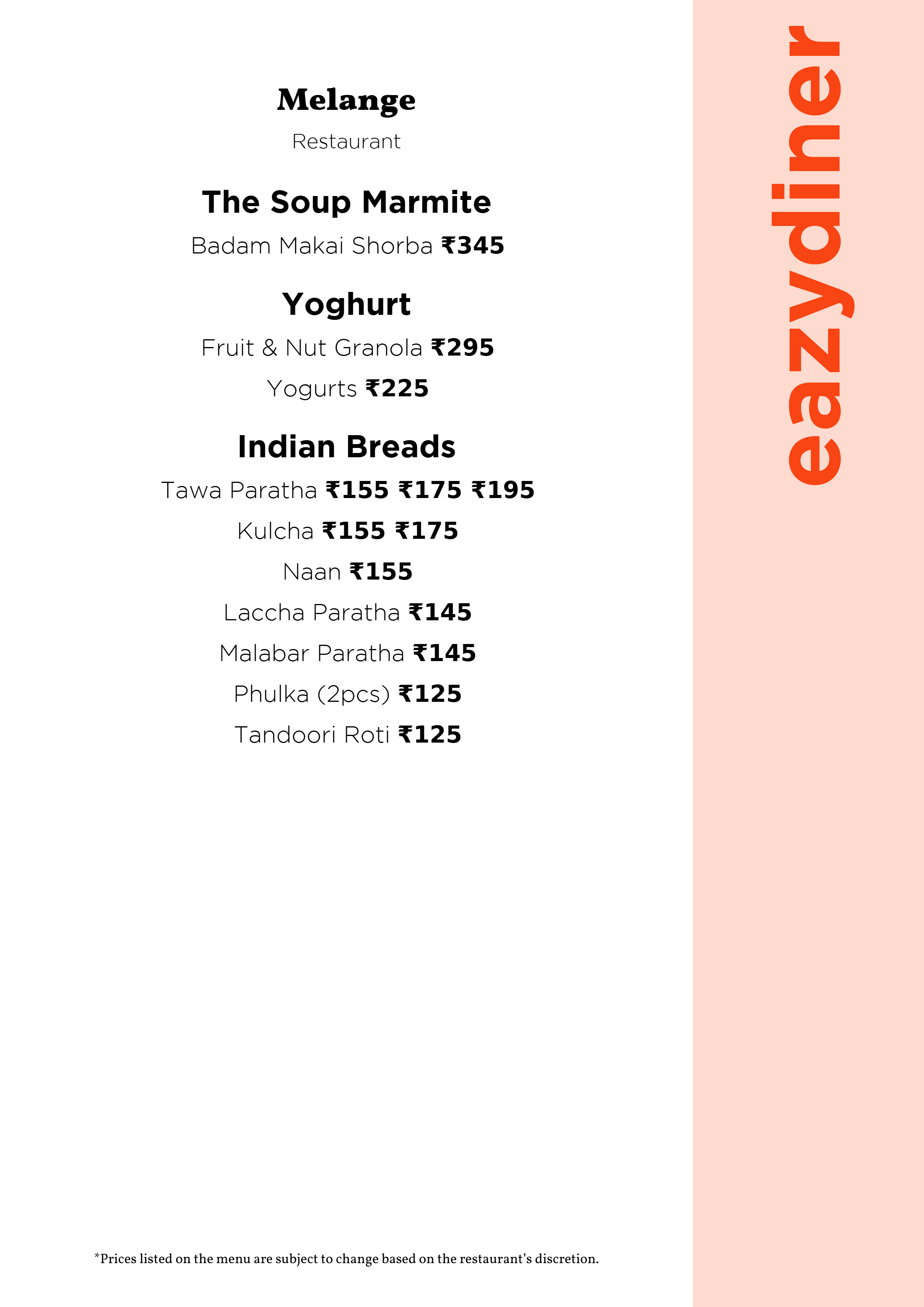Menu of Melange, Radisson Blu Bengaluru Outer Ring Road