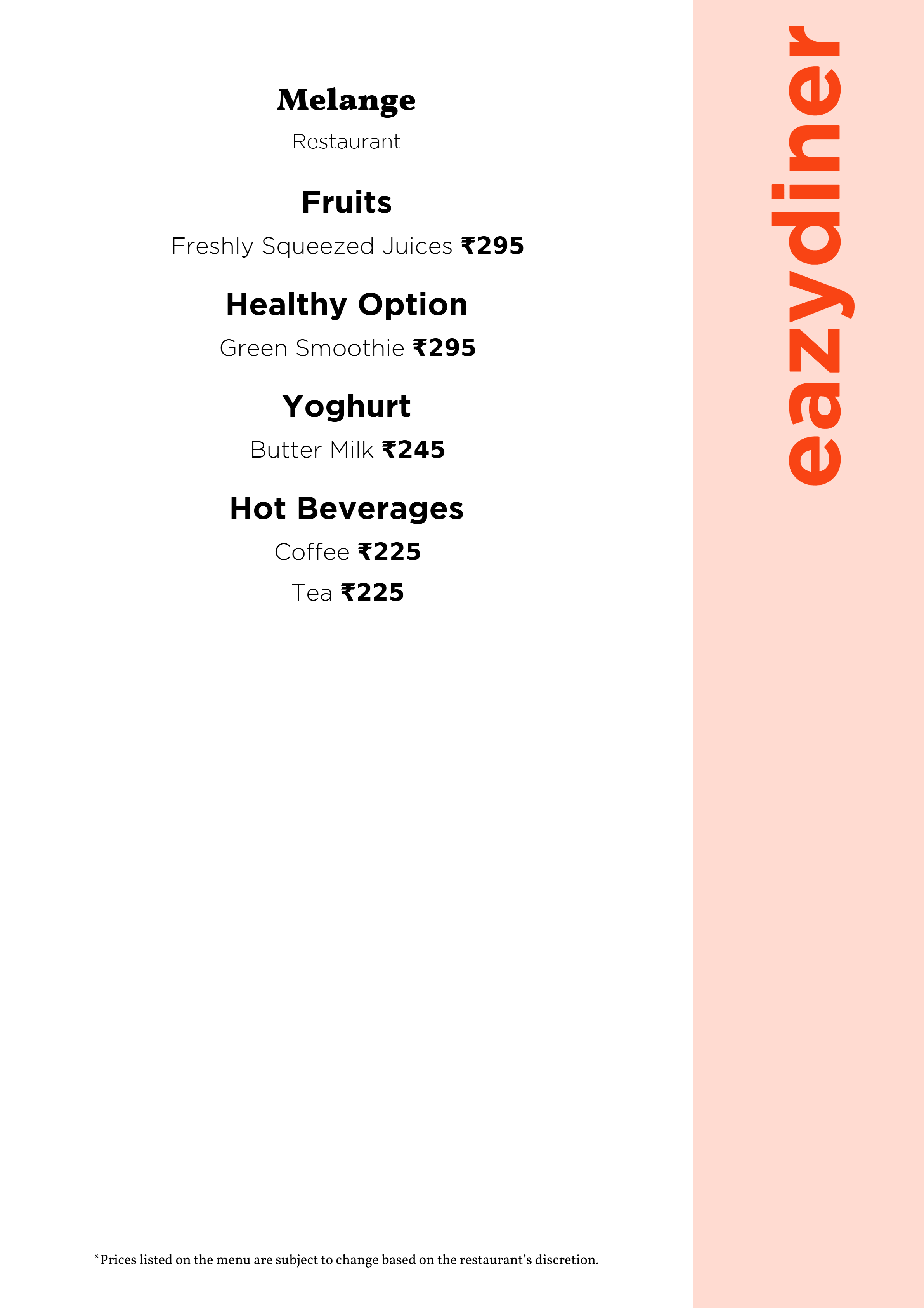 Menu of Melange, Radisson Blu Bengaluru Outer Ring Road